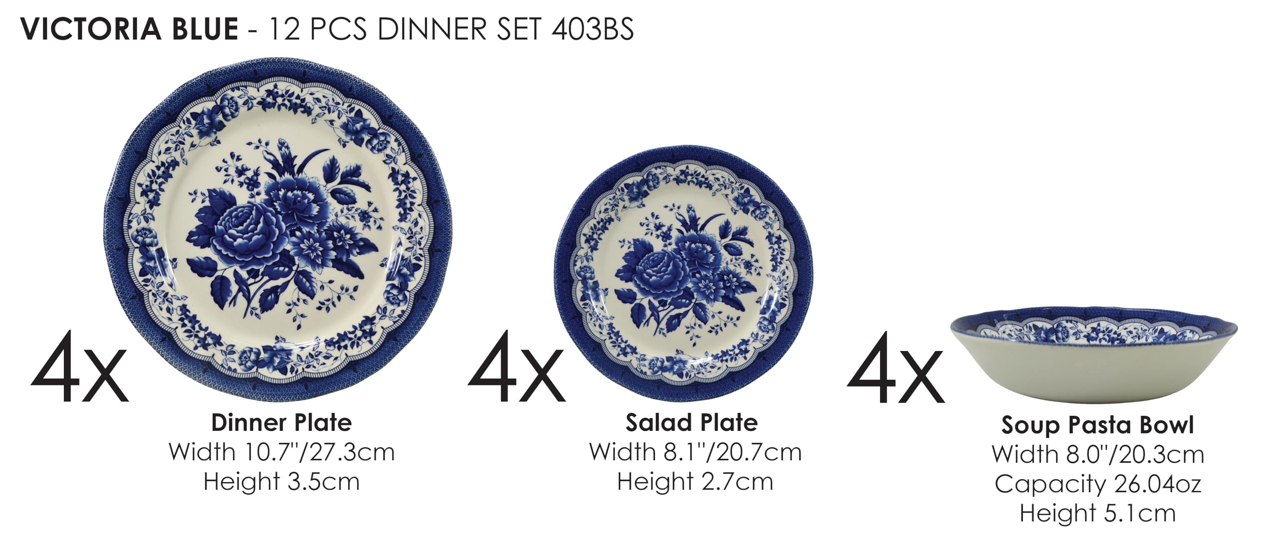 TUDOR ROYAL 12-Piece Porcelain Round Dinnerware Set, Service for 4, VICTORIA BLUE Design, Blue Floral, Plates Bowls Dishes, Premium Quality Tableware, Unique Pattern, Glossy