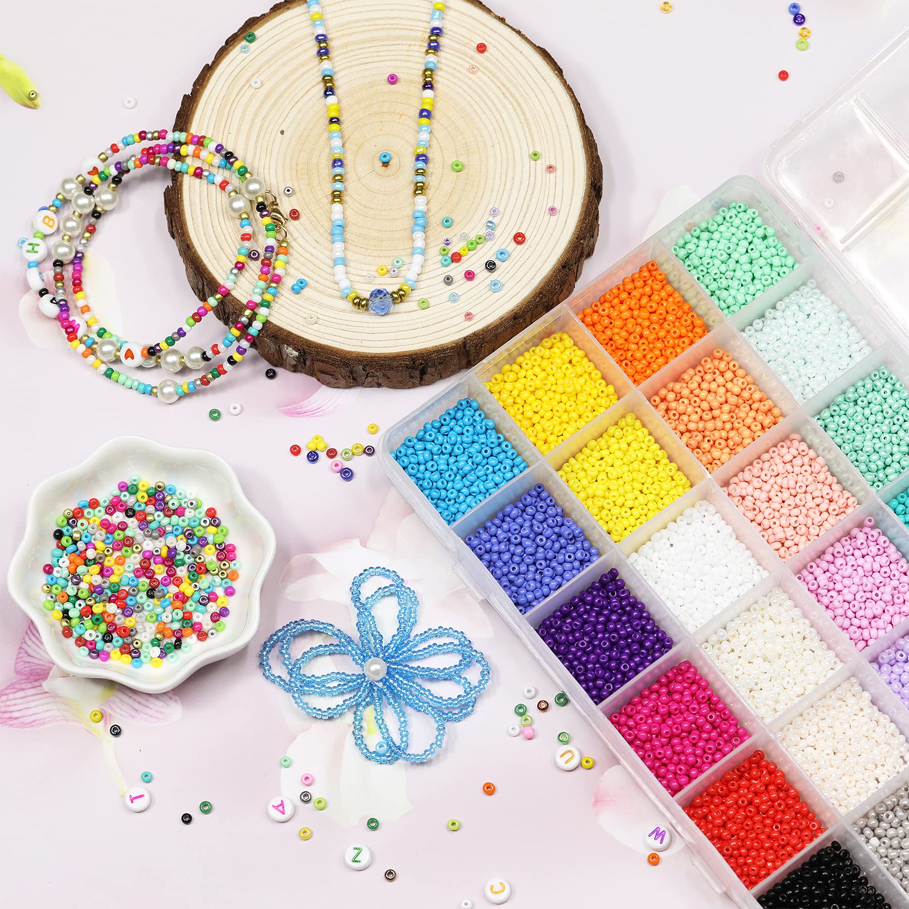 VOOMOLOVE About 7200pcs 3mm 8/0 Glass Seed Beads 24 Colors Loose Beads Kit Bracelet Beads with 24-Grid Plastic Storage Box for Jewelry Making
