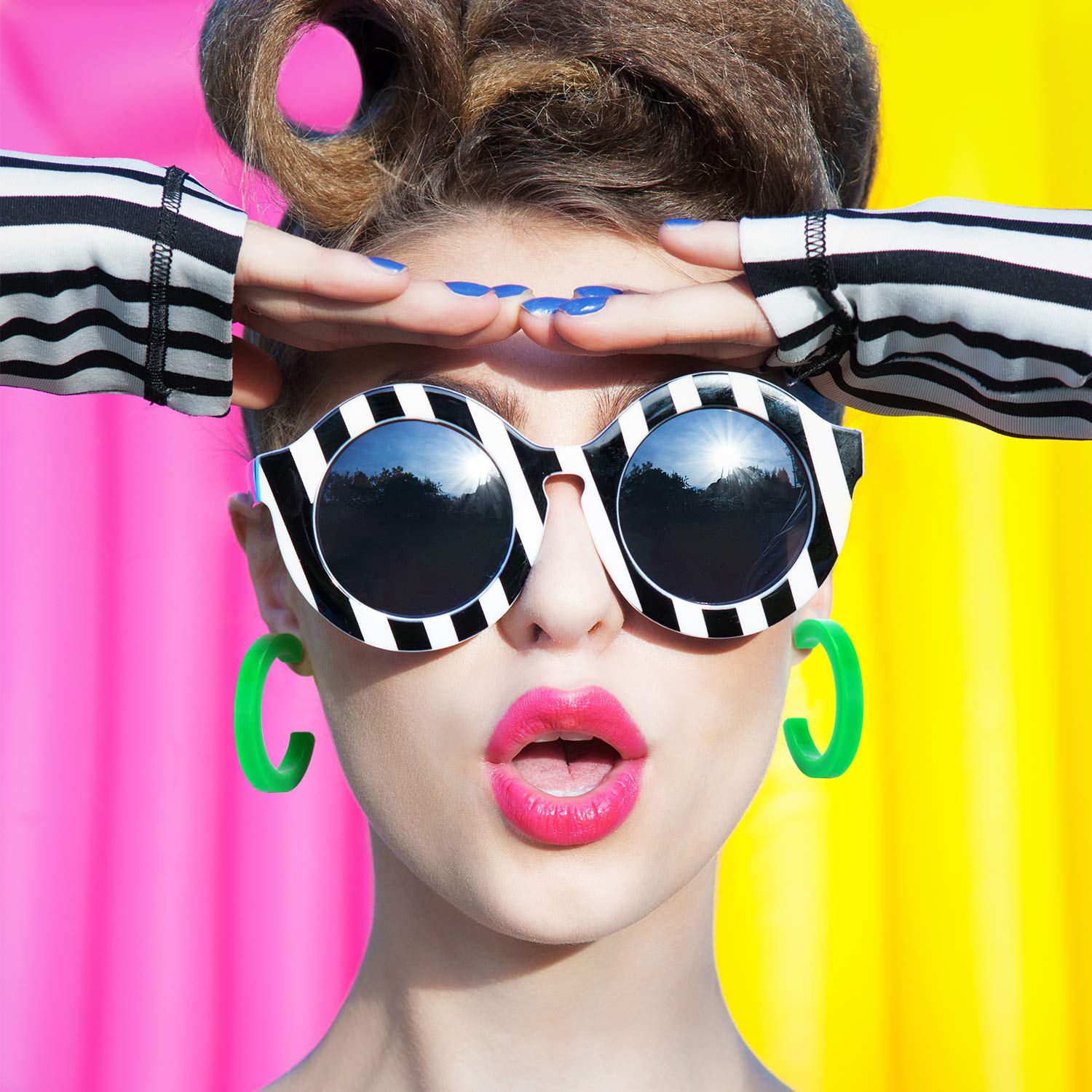 Skylety 4 Pairs 80s Neon Earrings for Women 90s Retro Hoop Drop Dangle Earrings for 80's Party Cosplay Costume Accessories(Half Hoop Style)