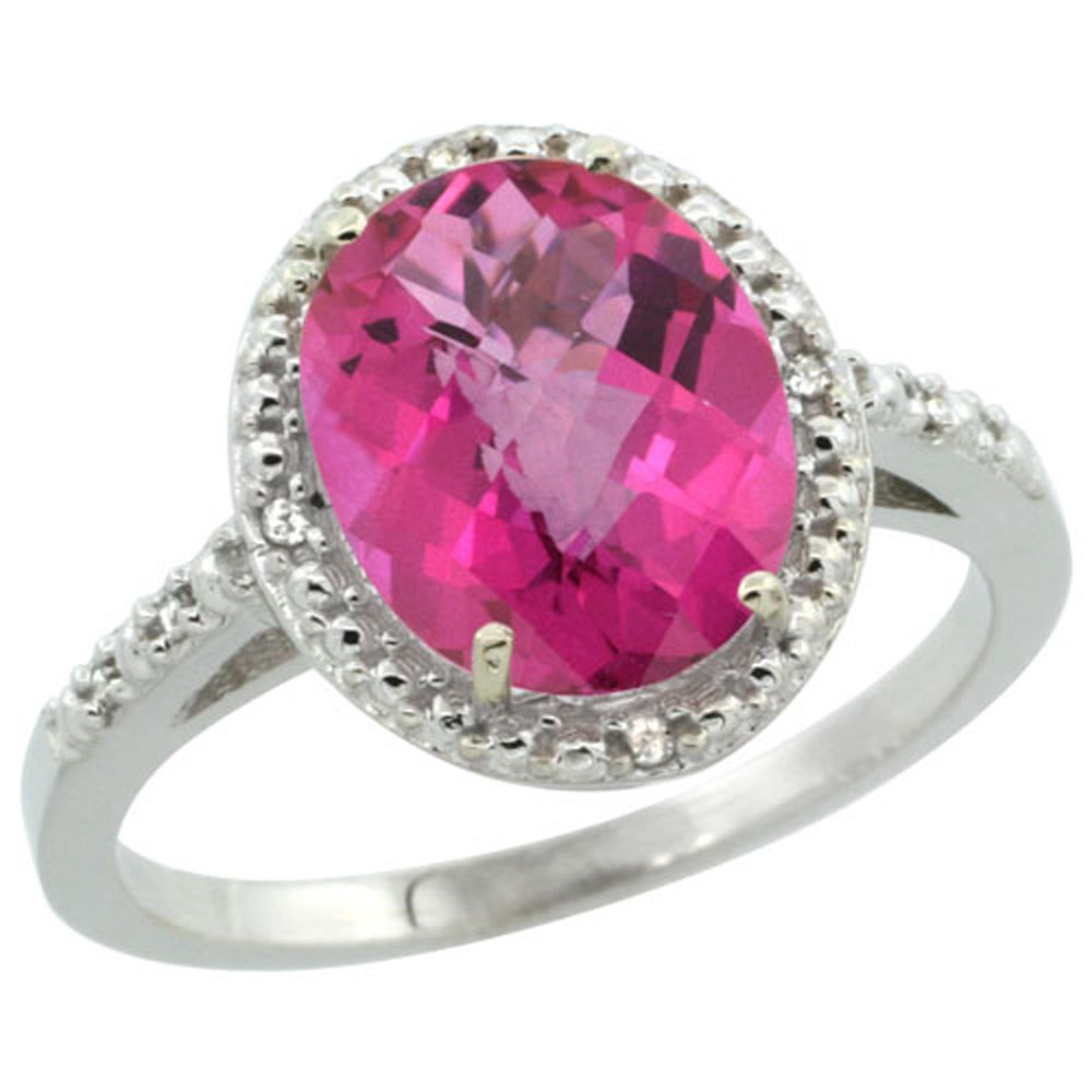 Sterling Silver Diamond Natural Pink Topaz Ring Oval 10x8mm, 1/2 inch wide, size 5