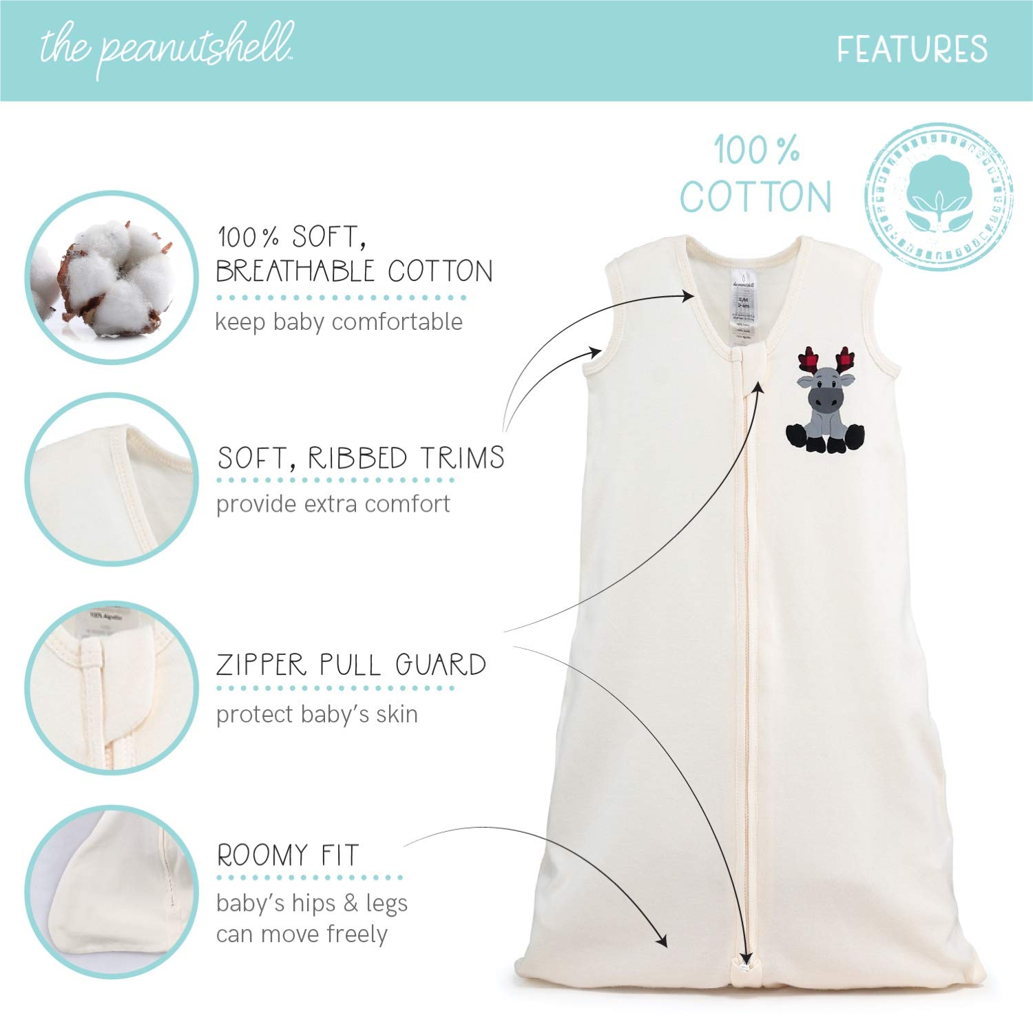 The Peanutshell Wearable Blanket Sleep Sack for Baby Boys or Girls, Woodland Moose & Buffalo Plaid, Sizes up to 12 Months (Medium/Large)