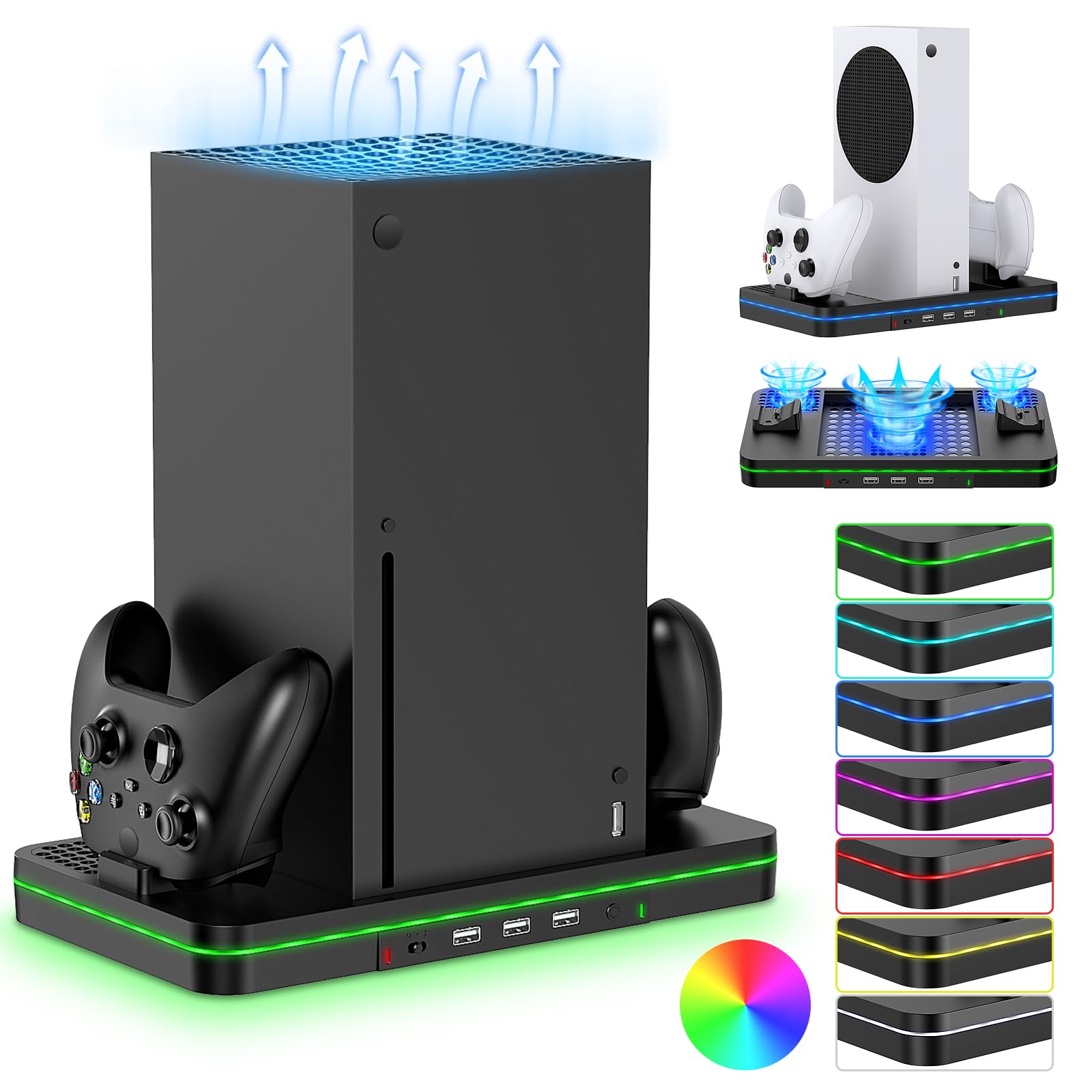 Vertical Cooling Stand for Xbox Series X/S, Dual Controller Charging Station for Xbox Series X/S with Cooling Fan 3 Hub USB Ports
