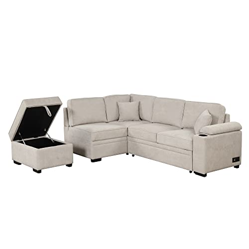 Verfur 87.4" Reversible Sleeper Sofa Bed, 2 in 1 Convertible Pull Out Sofabed with Cupholder, L Shaped Corner Couch with Storage Ottoman for Living Room,Bedroom and Small Apartment