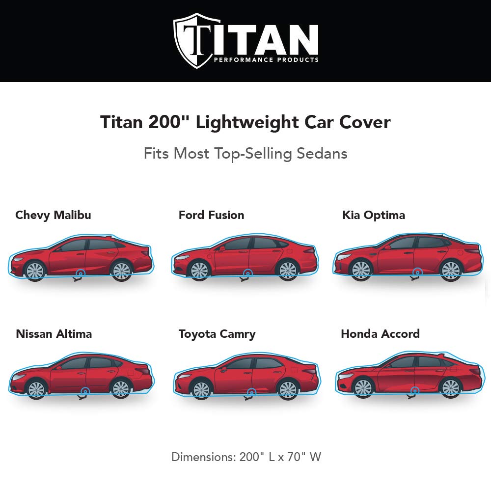 Titan Jet Black Poly 210T Car Cover for Sedans 186-202". Waterproof, UV Protection, Scratch Resistant, Driver-Side Zippered Opening. Fits Camry, Accord and More.