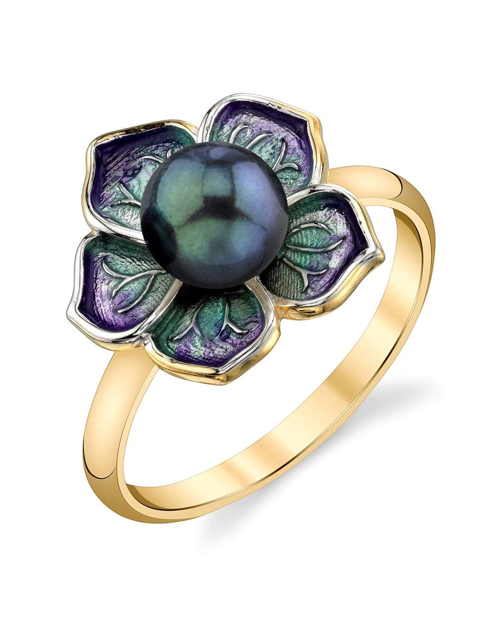 The Pearl Source 6-6.5mm Genuine Black Japanese Akoya Saltwater Cultured Pearl & Enamel Maggie Ring for Women