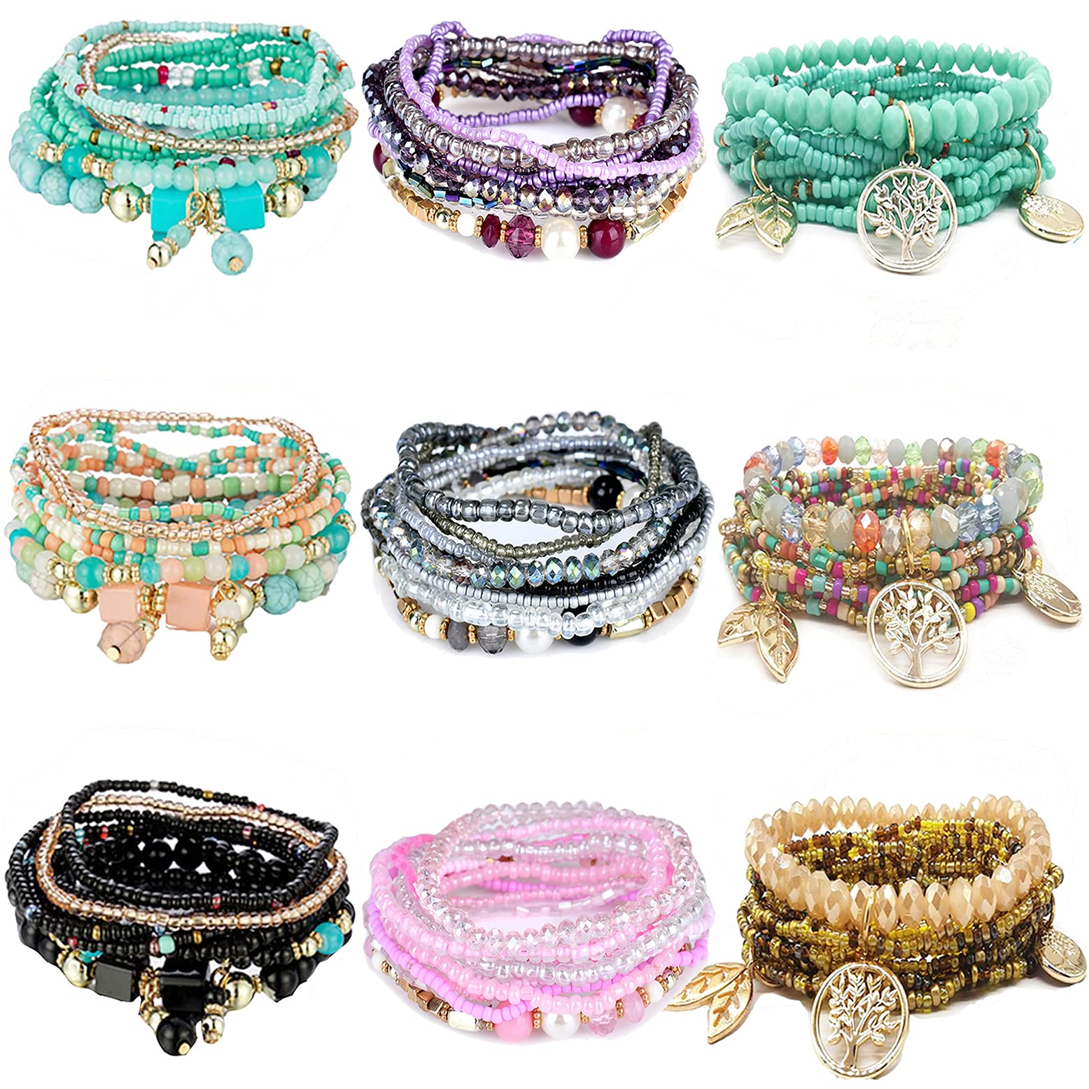 WAINIS 9 Sets Bohemian Stackable Bead Bracelets for Women Stretch Multilayered Bracelet Set Multicolor Jewelry