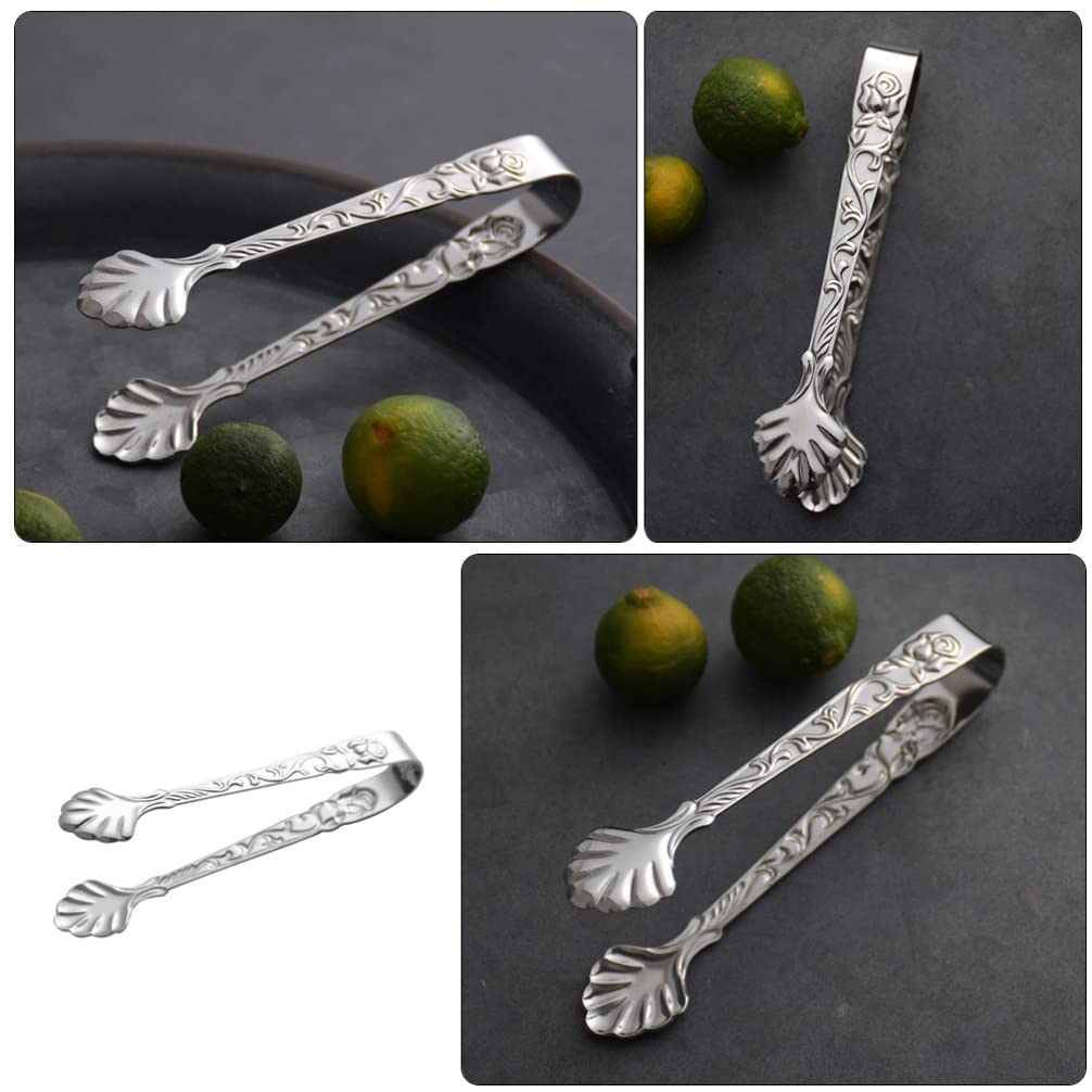 UPKOCH Ice Tong Sugar Cube Clip: Metal Sugar Tongs Vintage Rose Relief Stainless Steel Ice Cube Tong Small Food Clips for Appetizer Dessert Kitchen Silver