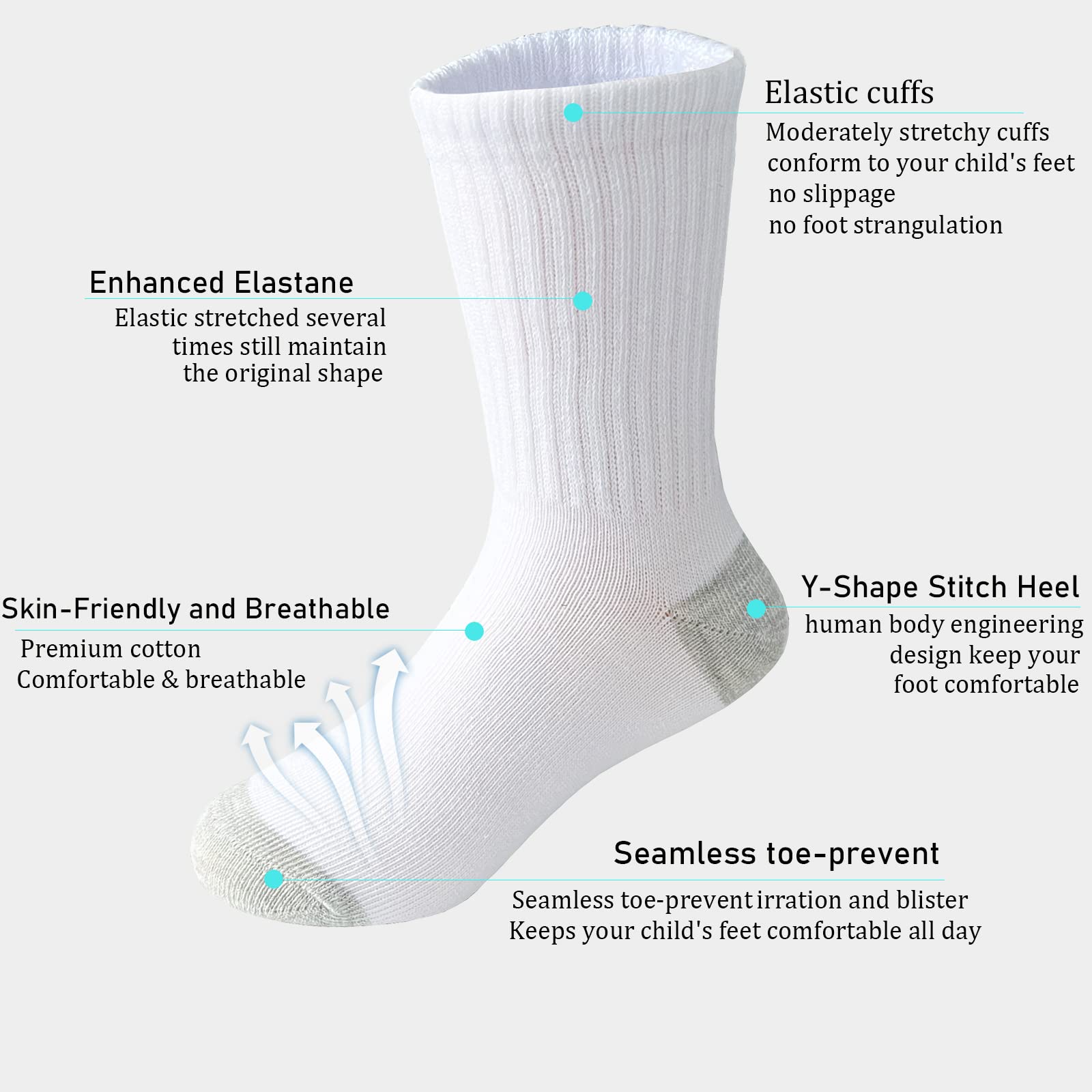 Tsmollyu Boys Crew Socks 12 Pairs Cushioned Cotton Athletic Socks for Big Little Kids 2-8 Years(6-8 Years)