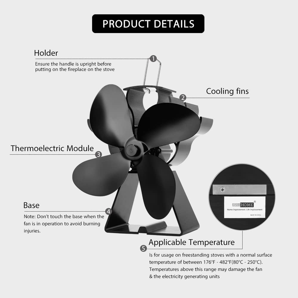 VIVOHOME Aluminum 4 Blade Heat Powered Fireplace Stove Fan with Thermometer for Wood Log Burning and Circulating Warm