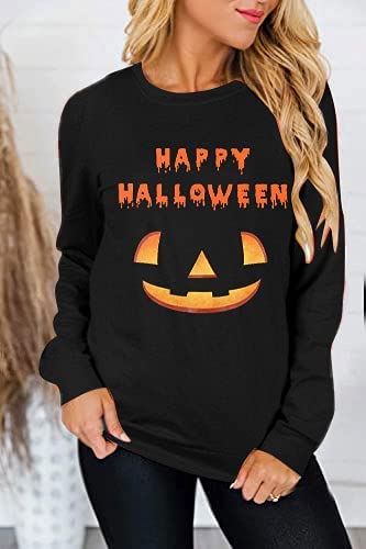 UNIQUEONE Happy Halloween Sweatshirt For Women Pumpkin Face Top Long Sleeve Shirt Crewneck Pullover Black
