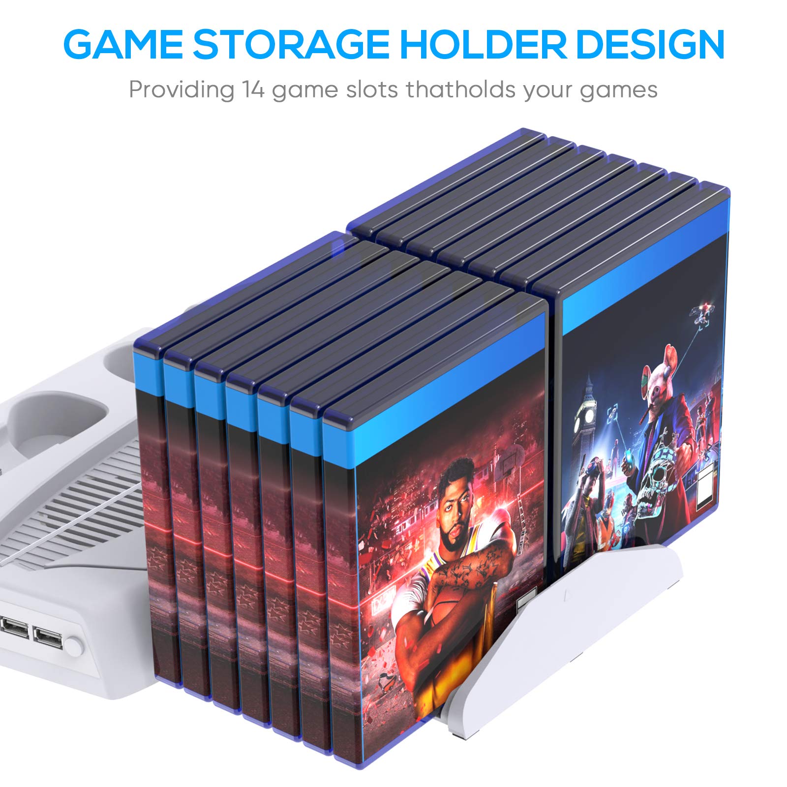 Vertical Stand for PlayStation 5 with Cooling Fan Charging Station for PS5 Digital Edition/Ultra HD Console with Controller Charger Game Rack Storage Organizer USB Ports for PS5 and DualSense-White