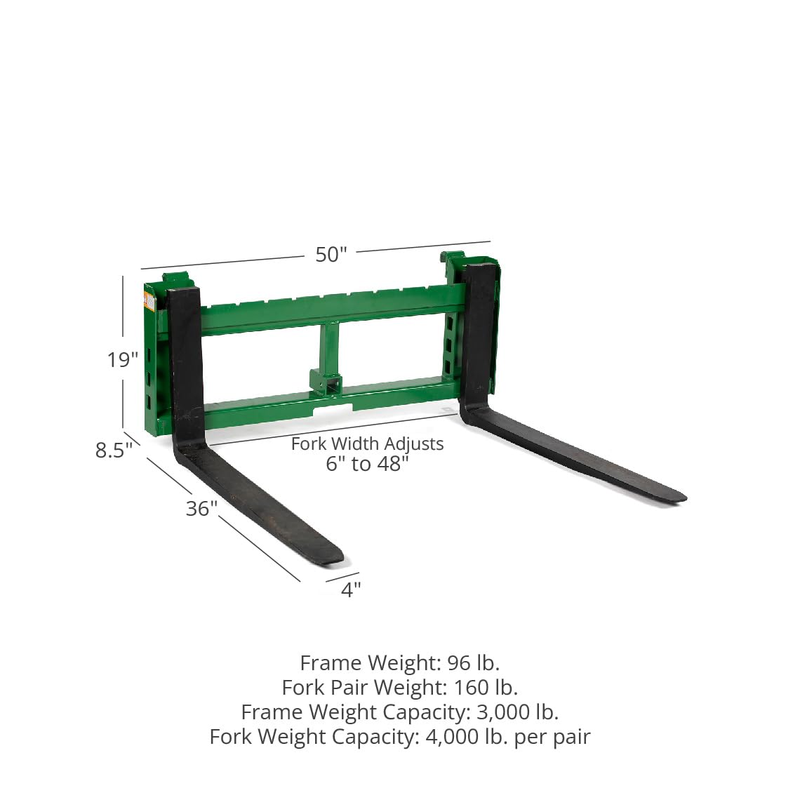 Titan Attachments Pallet Fork Attachment, 48†Fork Blades, Rated 3,000 LB, Receiver Hitch, Fits John Deere Loaders
