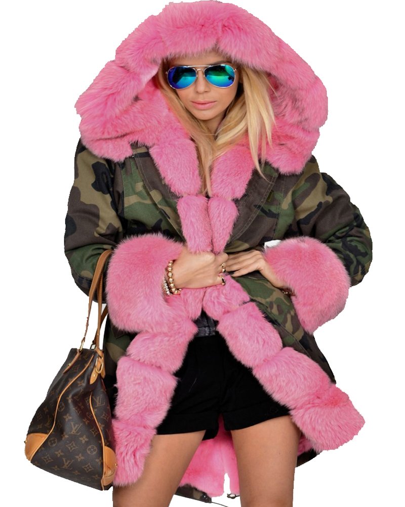 Roiii Womens Hooded Camouflage Warm Winter Coats Faux Fur Jacket Parka Overcoat(Medium,Pink)