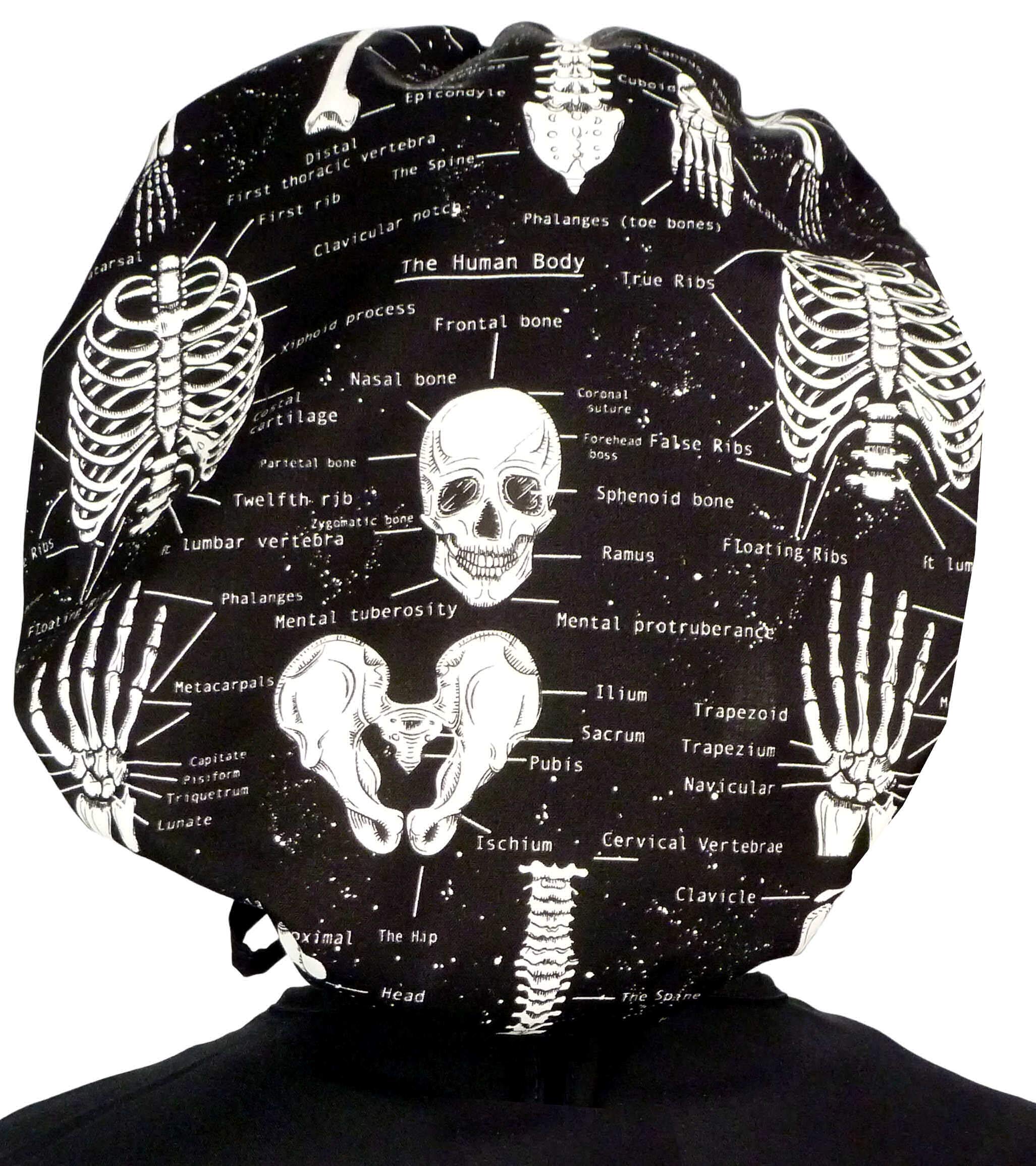Sparkling EARTH Human Body Skeleton (Glow in The Dark) Banded Bouffant Ponytail Classic Surgical Style Scrub Working Cap - Made in The USA!