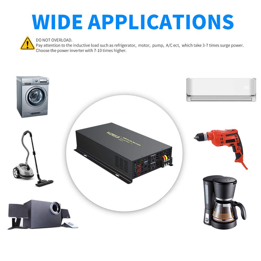 WZRELB Power Inverter Pure Sine Wave 3500Watt 48V DC to 110V 120V AC with Remote Control,Dual US Outlets for RV Car Solar System