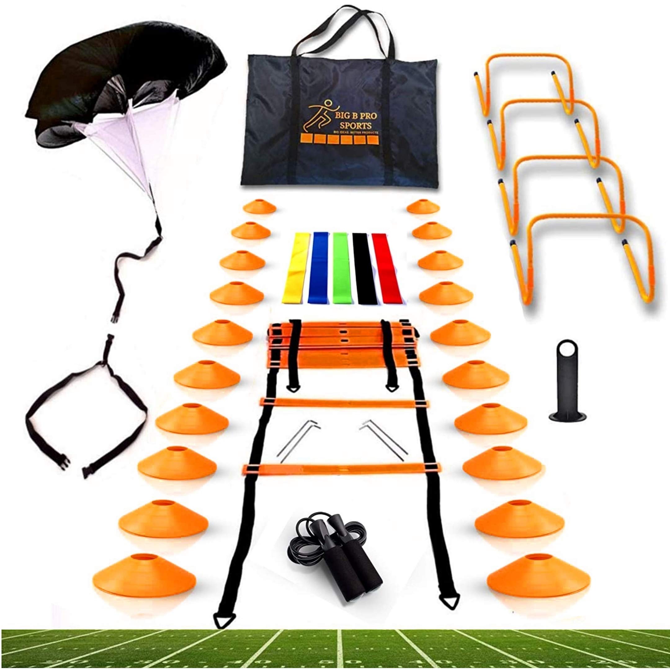Speed & Agility Training Set (Orange)- Agility Ladder, Football Cones, Running Parachute, Jump Rope, Hurdles & Resistance Bands