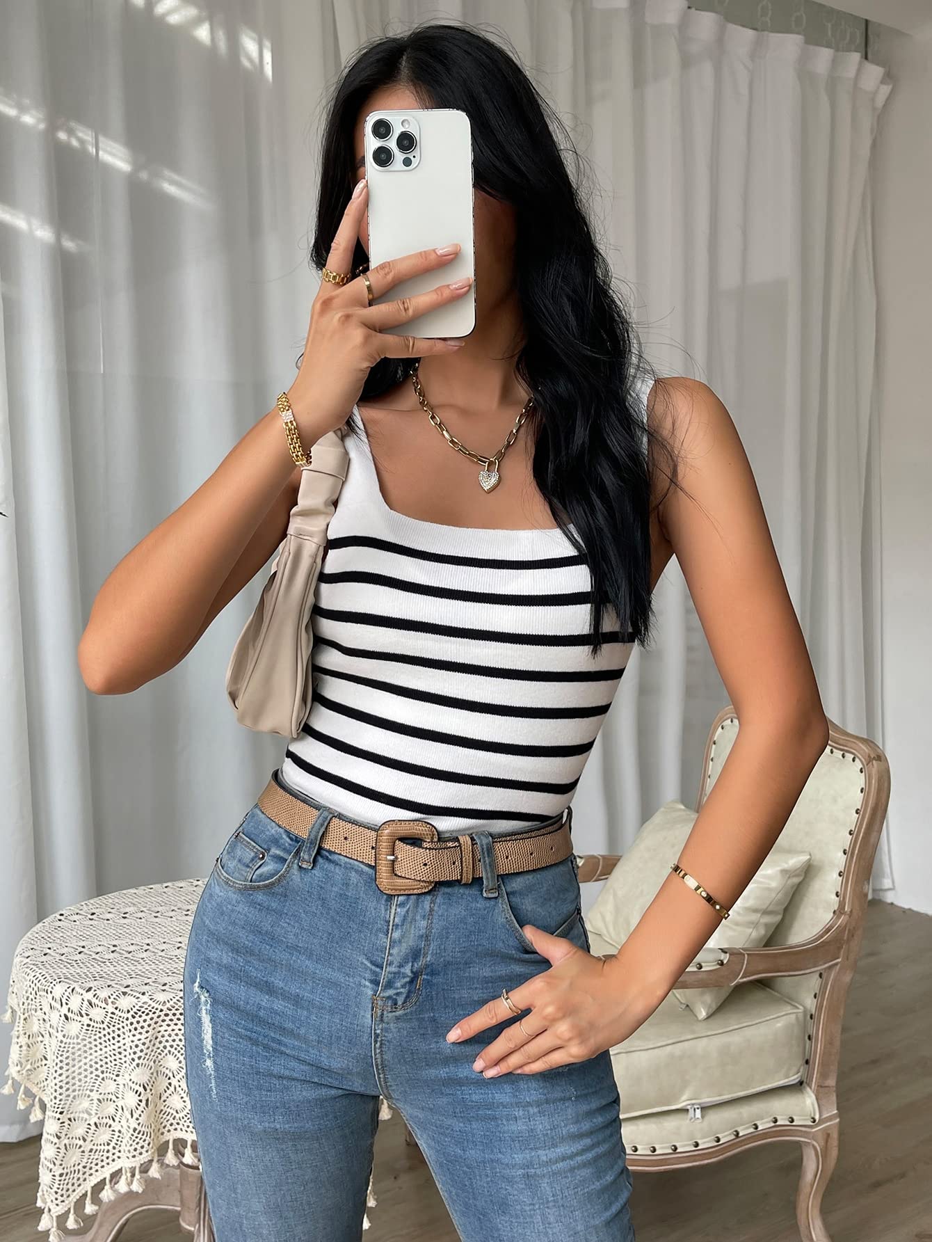 SOLY HUX Women's Square Neck Tank Top Basic Ribbed Knit Cami Casual Sleeveless Slim Fit Tops White XS