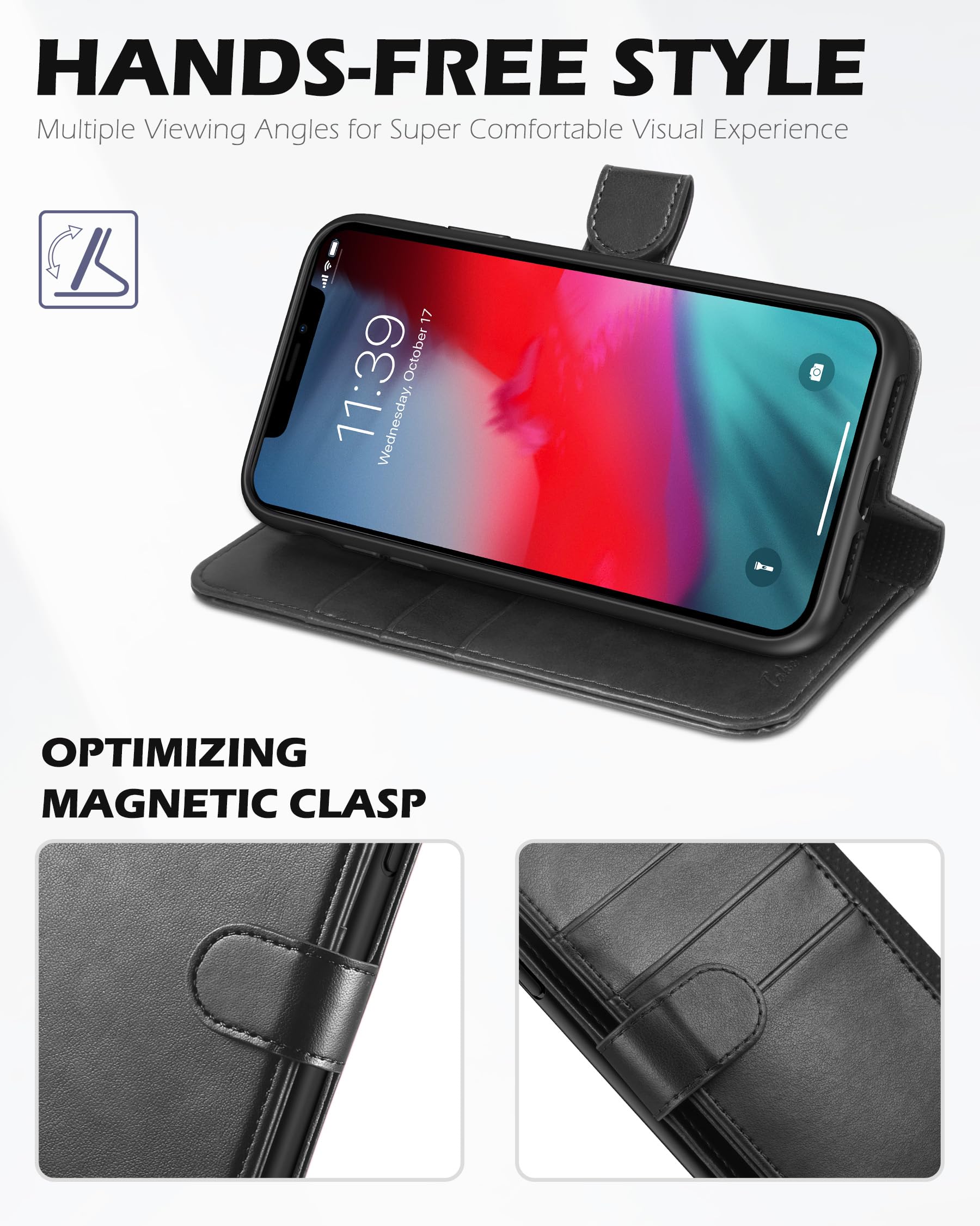 TUCCH Case Wallet for iPhone Xs Max, PU Leather Flip Cover with RFID Blocking Card Slot, Stand [Auto Wake/Sleep] Wireless Charging Shockproof TPU Shell Compatible with iPhone Xs Max 6.5", Black