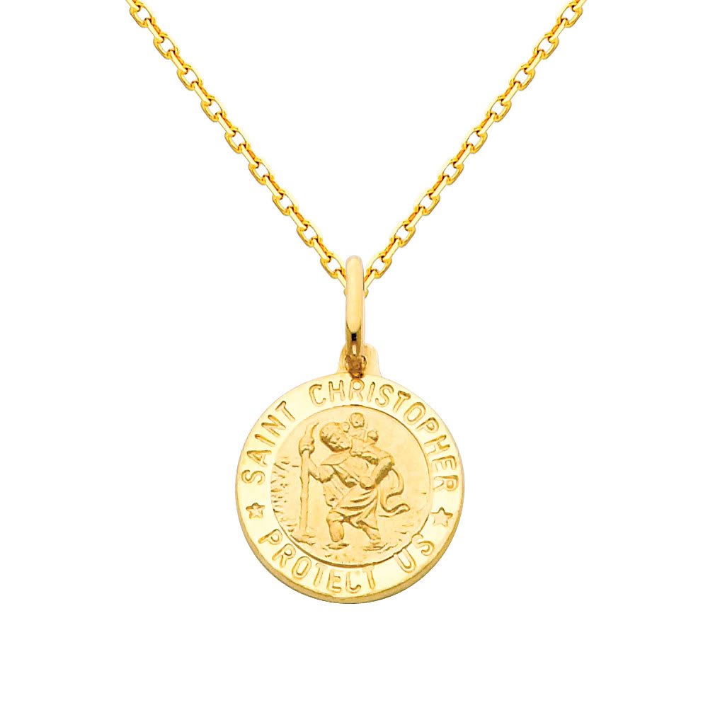The World Jewelry Center 14k REAL Yellow Gold Religious Saint Christopher Medal Pendant with 1.2mm Cable Chain Necklace - 22"