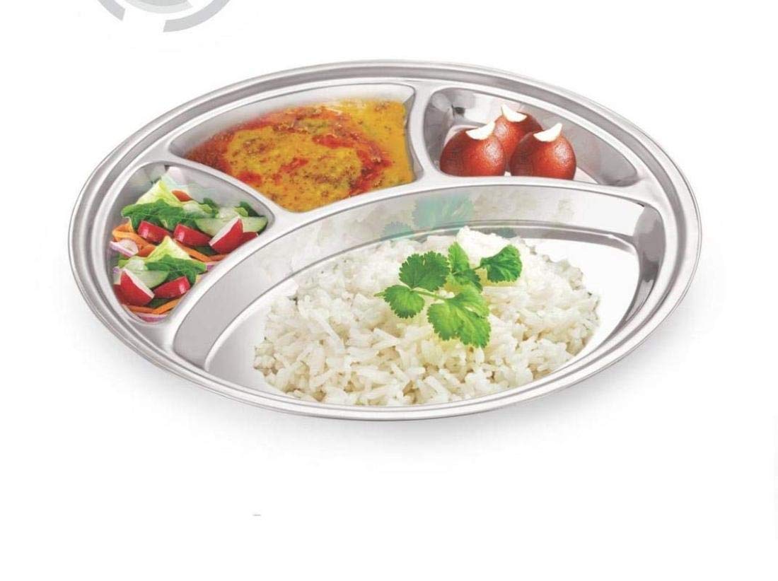 WhopperIndia Stainless Steel Round Dining Plate 4 Compartment Thali, stainless steel compartment plates , ss mess tray , Plates for Dinner Fruitss, Kitchen Dining Table Plate 4 Pcs 11.5 Inch