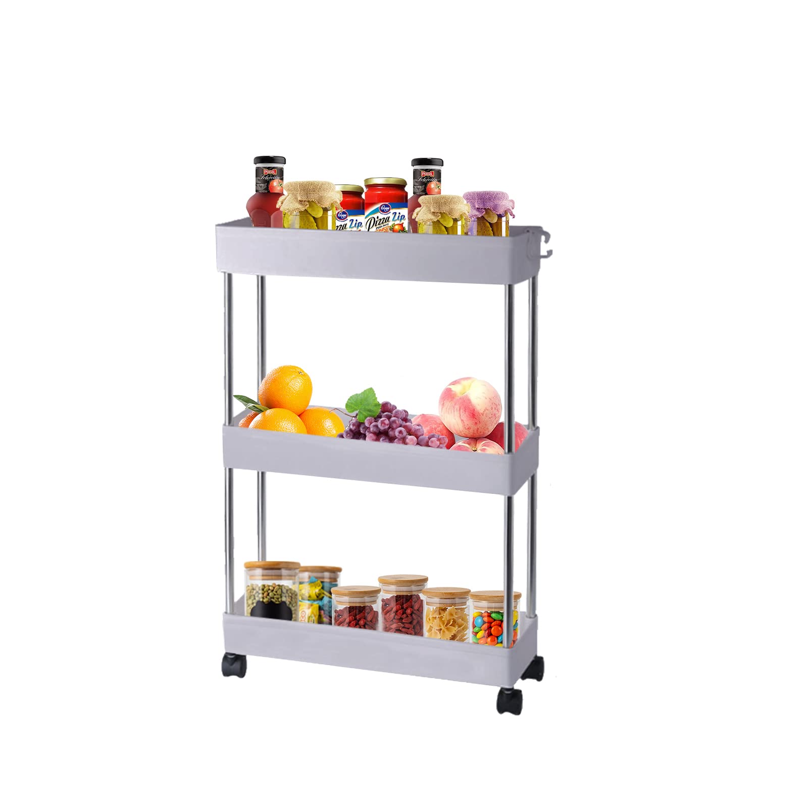 Slim Storage Cart, 3 Tier Mobile Shelving Unit Organizer, Slide Out Rolling Utility Cart Shelf Rack for Kitchen Bathroom Laundry Room Narrow Places, Plastic & Stainless Steel, Gray