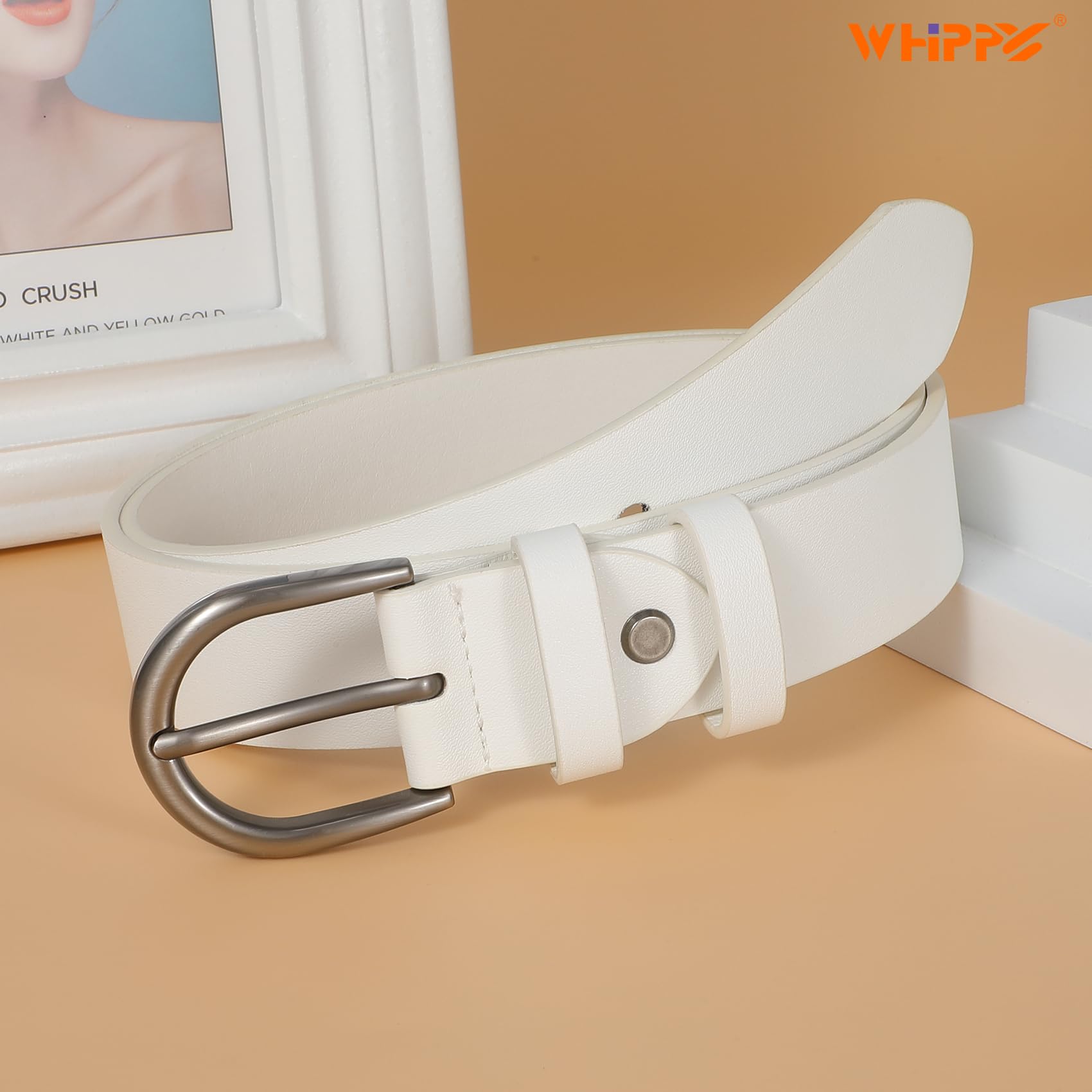 WHIPPY Women Leather Belt for Jeans Pants Dresses Fashion Ladies Western Leather Belt with Silver Buckle M White