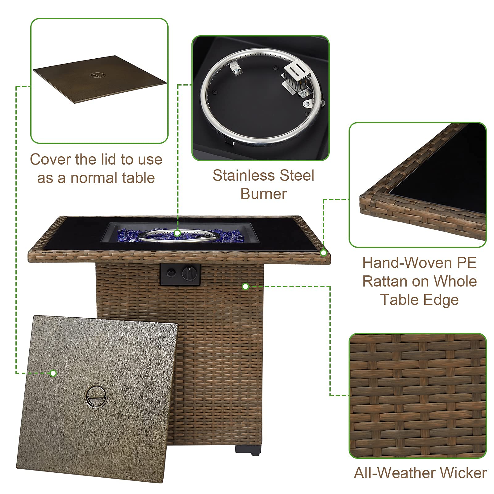 Square Gas Fire Pit Table, 2-in-1 Outdoor Propane Fire Table, 32 inch Firepit Table with Blue Stone Glass Wind Guard, Black Tempered Glass Tabletop, 50,000 BTU, Brown