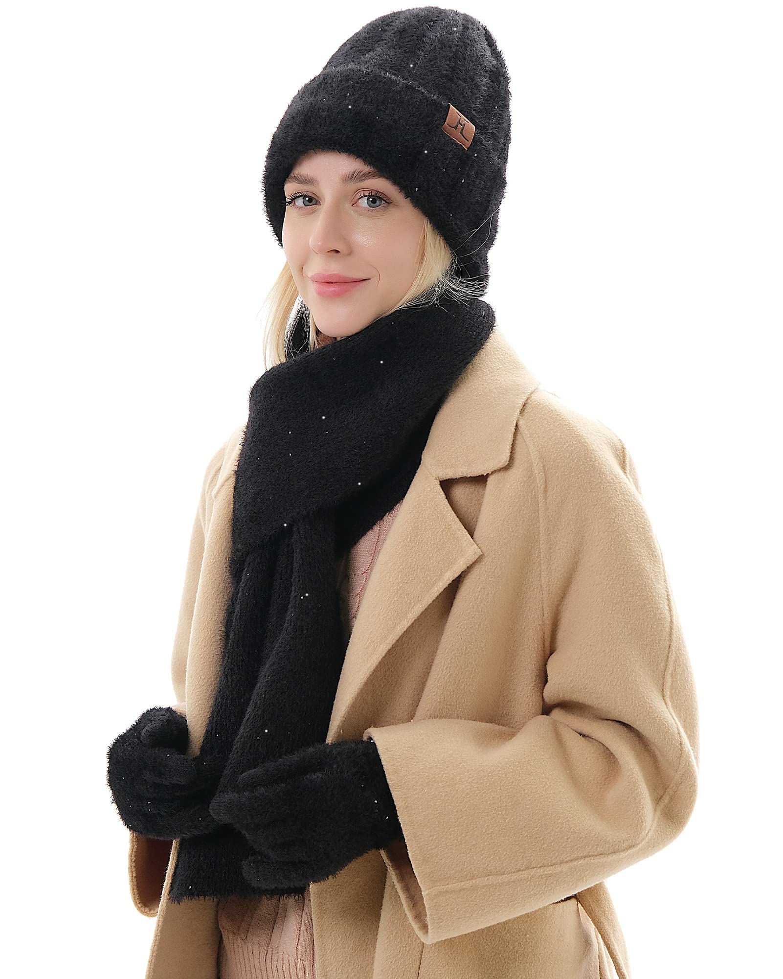Womens Winter Warm Knit Beanie Hats and Touchscreen Gloves Long Scarf Sets with Sequins Thick Fleece Lined