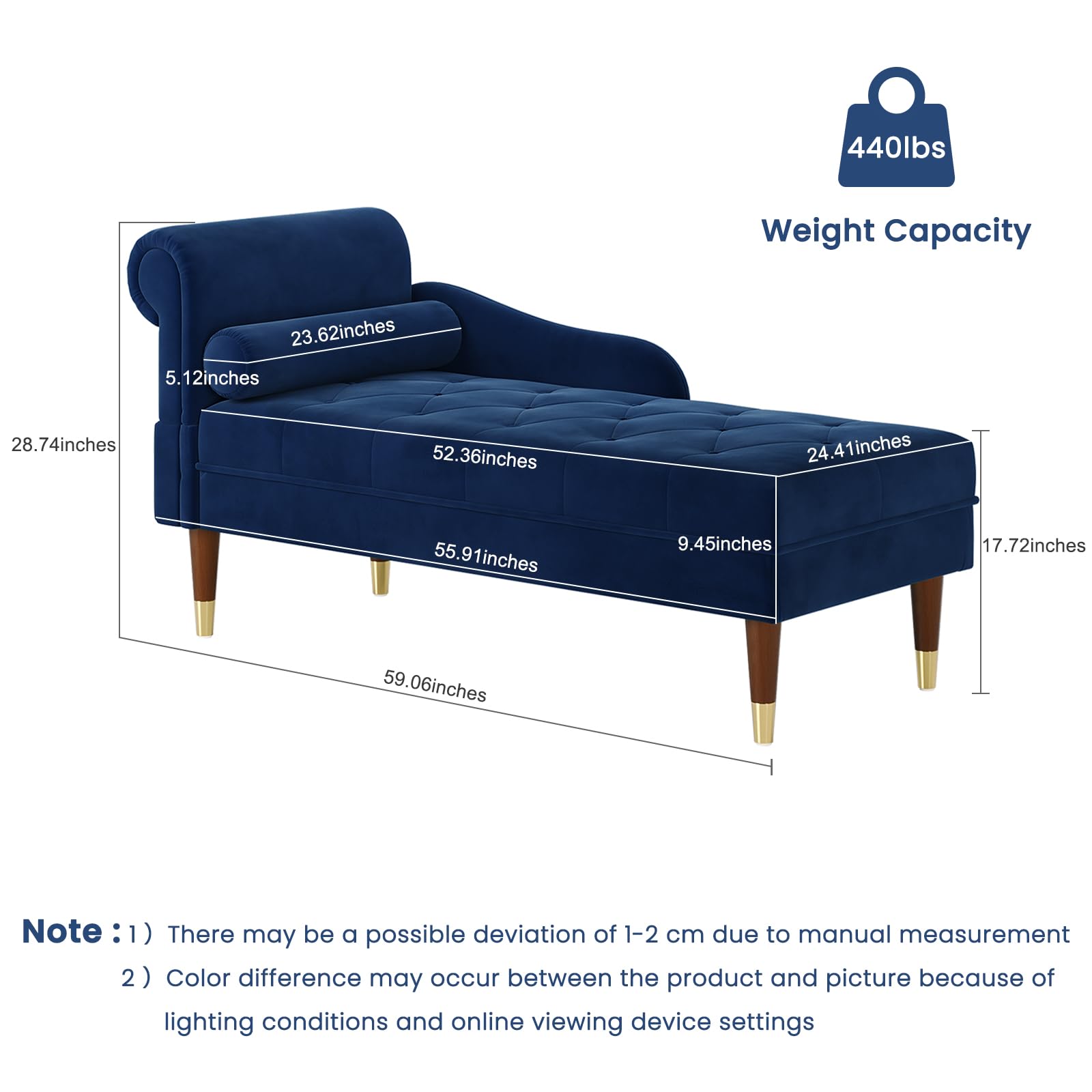 Vesgantti 59" Modern Velvet Chaise Lounge Indoor,Upholstered Lounge Chair with Left Armrest & Lumbar Pillow, Button Tufted Lounge Sofa for Living Room Bedroom Office,Tool-Free Assembly(Blue)
