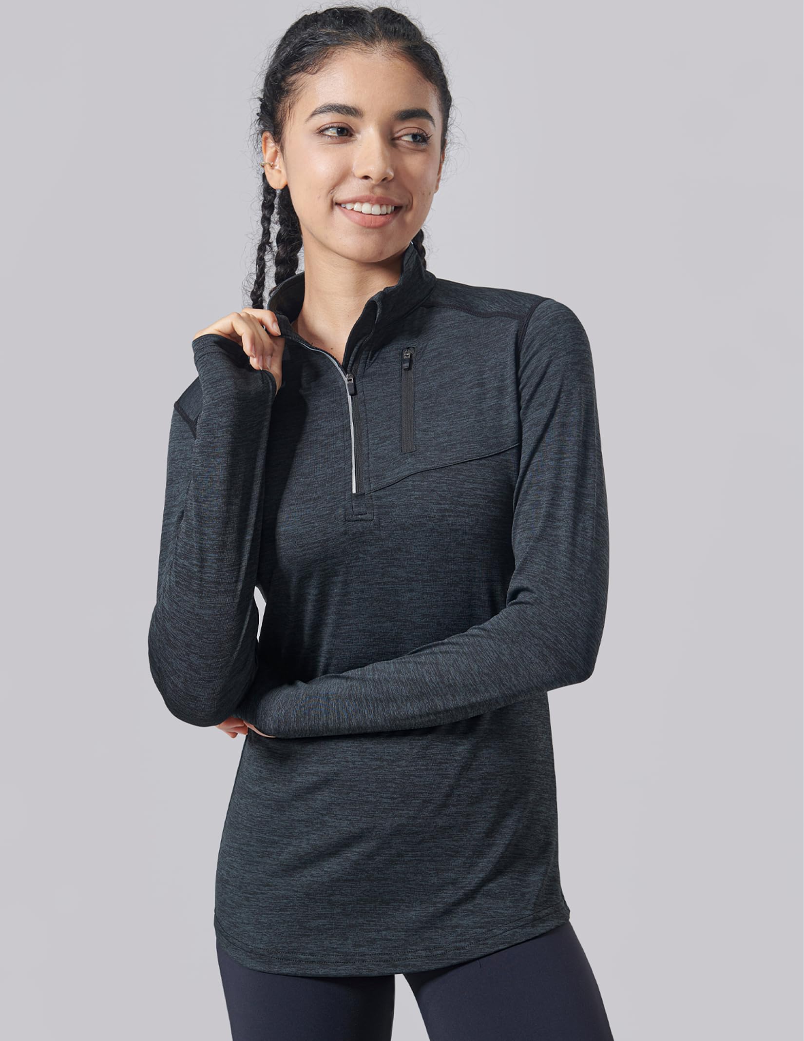 Women's Quick Dry Long Sleeve Quarter Zip Pullover Shirts with Thumb Holes and Pocket (Set 1, Large)