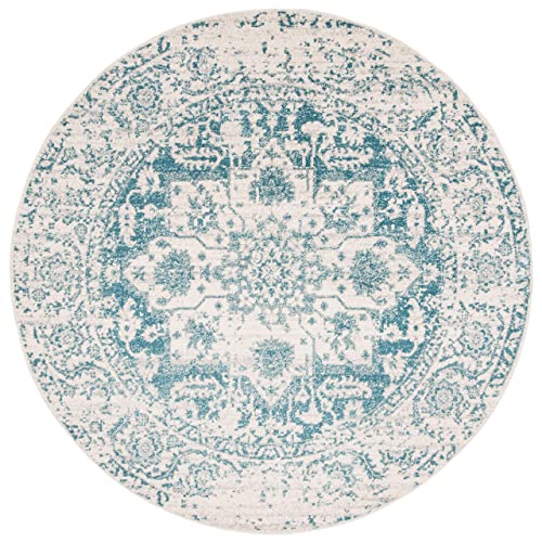 SAFAVIEH Madison Collection 5'3" Round Teal / Ivory MAD603J Oriental Snowflake Medallion Distressed Non-Shedding Dining Room Entryway Foyer Living Room Bedroom Area Rug