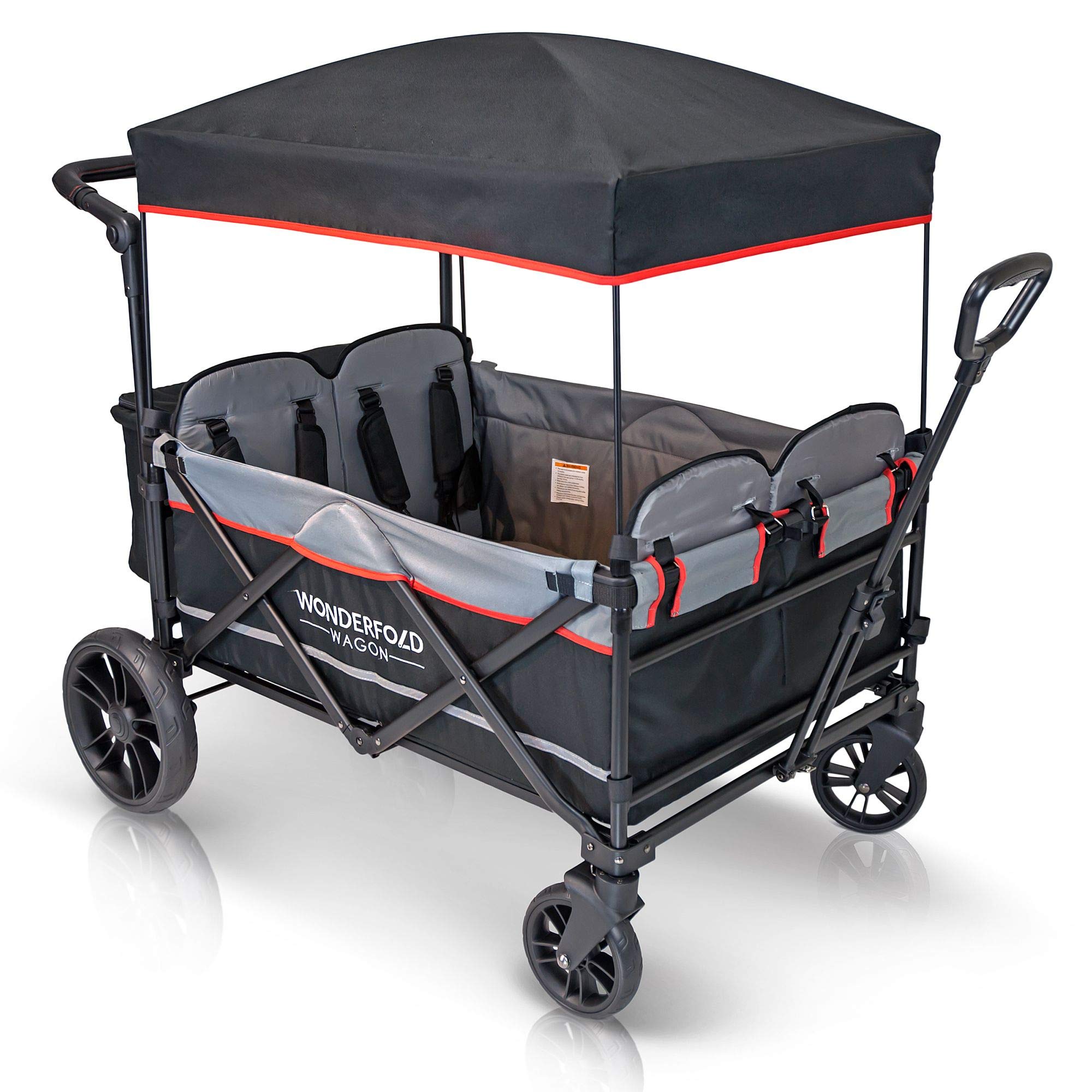 WONDERFOLD X4 Multi-Function Pull & Push 4 Passenger Quad Stroller Wagon with Removable Canopy, 5-Point Harness, and Reflective Safety Strip (Black, 4 Seats)