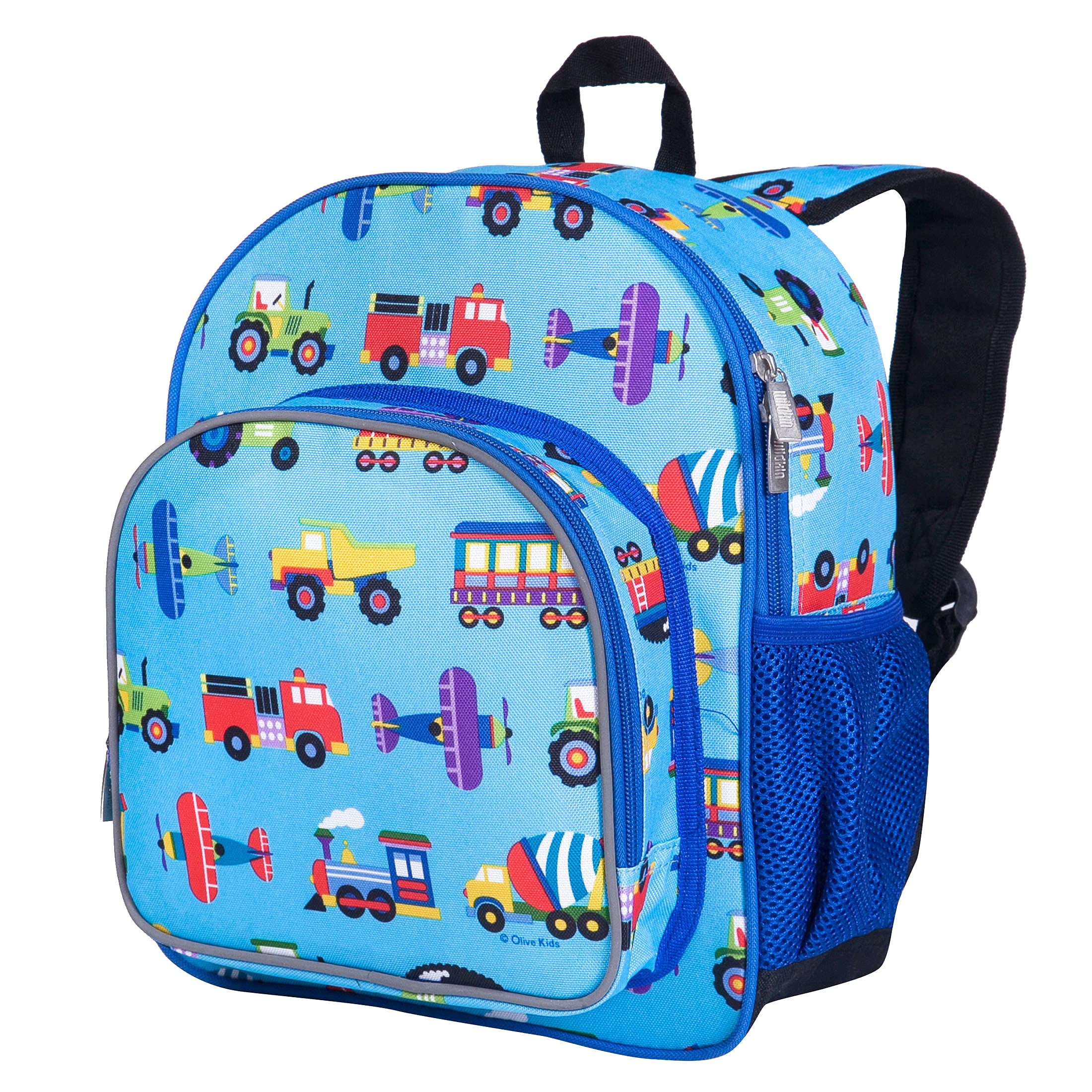 Wildkin 12 Inch Backpack and Lunch Bag Bundle with 14 Ounce Steel Water Bottle (Trains, Planes & Trucks)