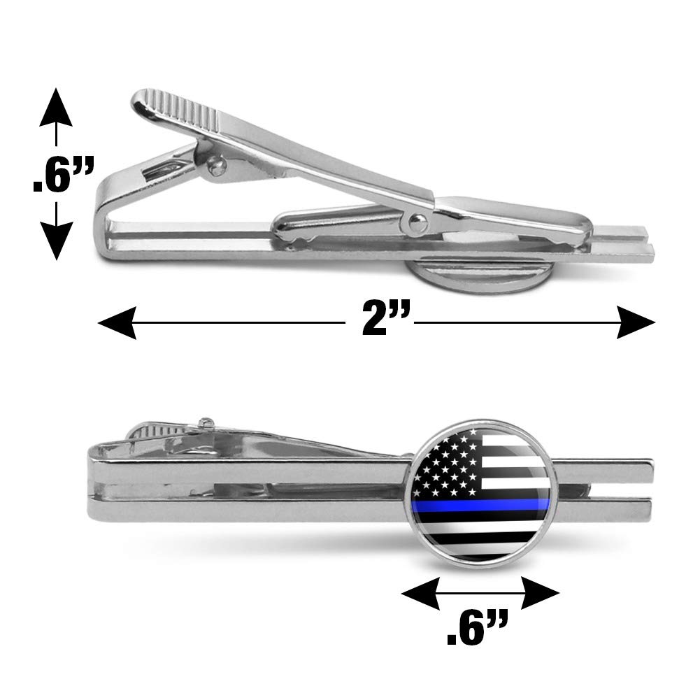 Thin Blue Line American Flag Round Tie Bar Clip Clasp Tack Silver Color Plated
