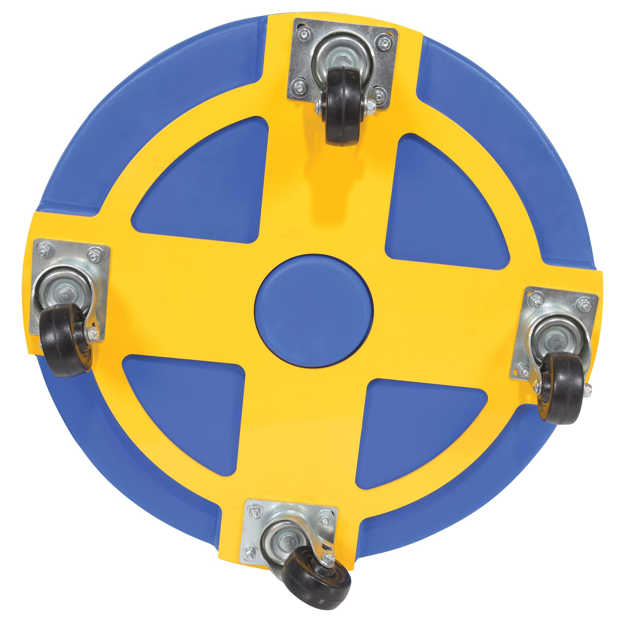 Vestil DRUM-DP-HD-55-BU Polyethylene Heavy Duty Drum Dolly 55 Gallon 24-1/4 in. x 24-1/4 in. x 8-1/2 in. 600 Lb. Capacity Blue/Yellow