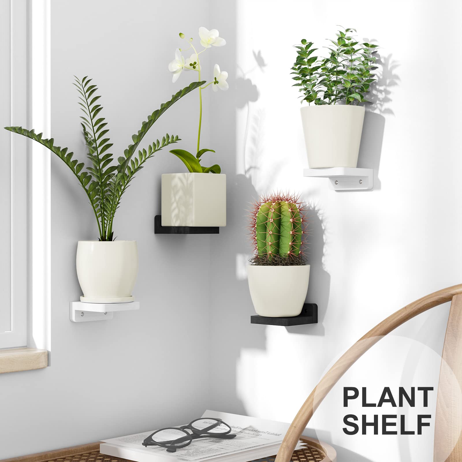 SRIWATANA Small Floating Shelves Wall Mounted, 4 Inch Wood Shelf for Home Decor and Storage Set of 4, Mini Display Shelf for Bedroom, Bathroom, Kitchen, Office (Black + White)