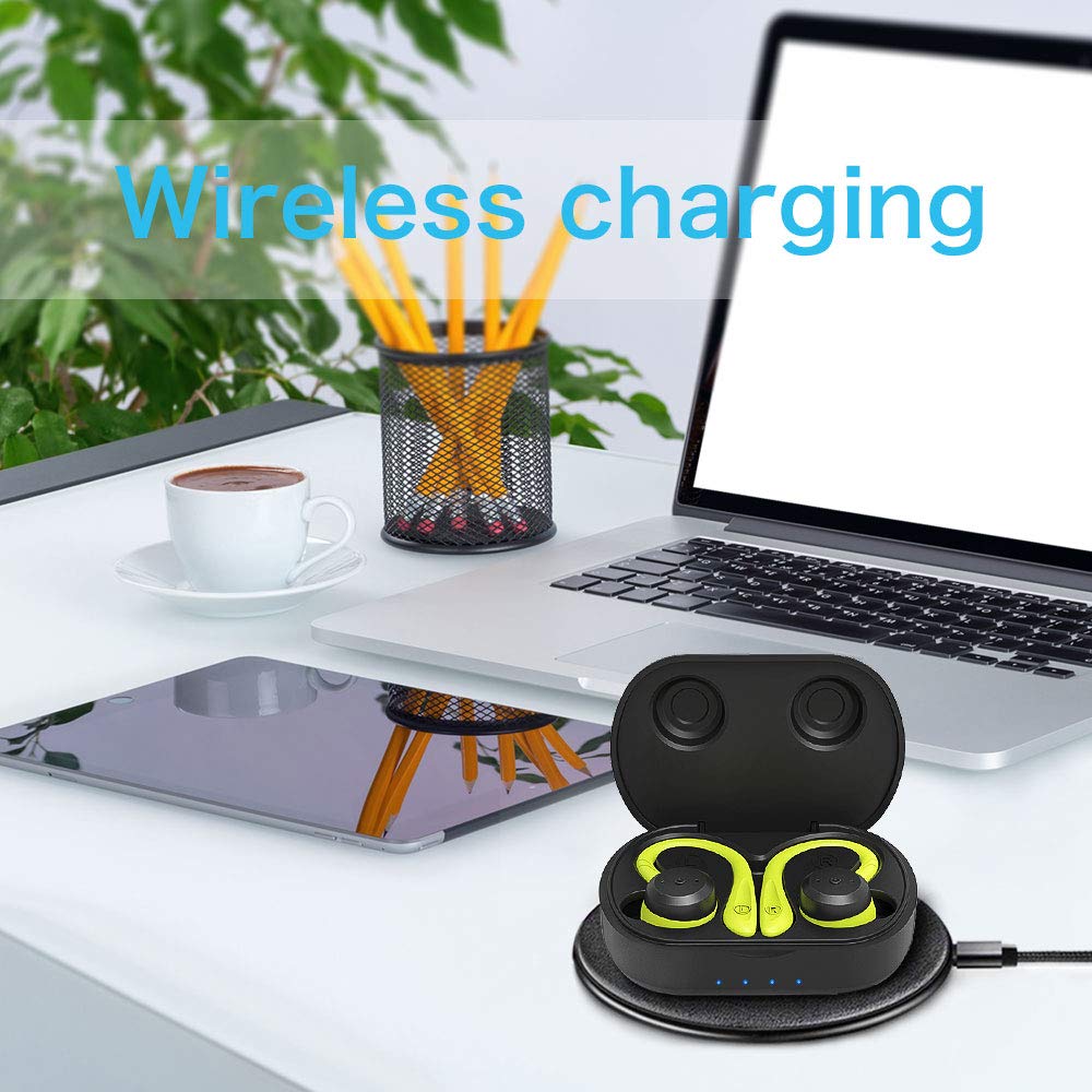 SinFoxeon IPX7 Waterproof Noise Cancelling True Wireless Earbuds Bluetooth 5.0 Headset with Mic and Charging Case Supporting Wireless Charging Headphones (Green)