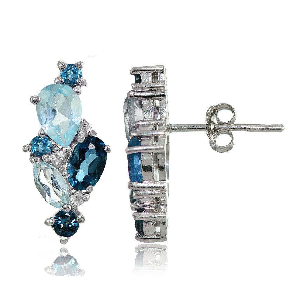 Sterling Silver London Blue, Blue Topaz, and White Topaz Cluster Tonal Drop Earrings