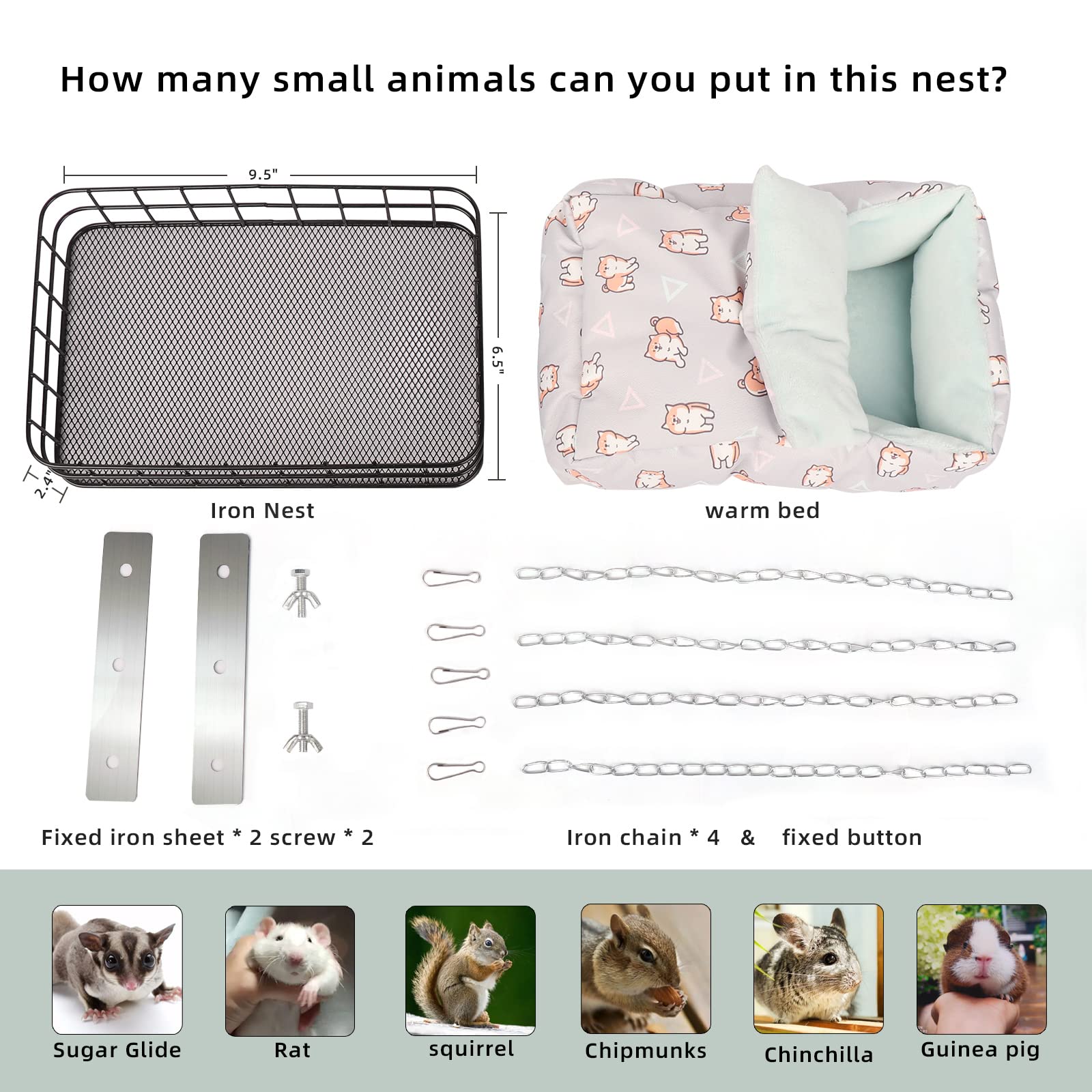 Small Animal Iron Bed Set, Rat Hanging Hammock Basket, Sugar Glider and Hamster Nest Cage Accessories Hideout for Small Pet (Black-Set)