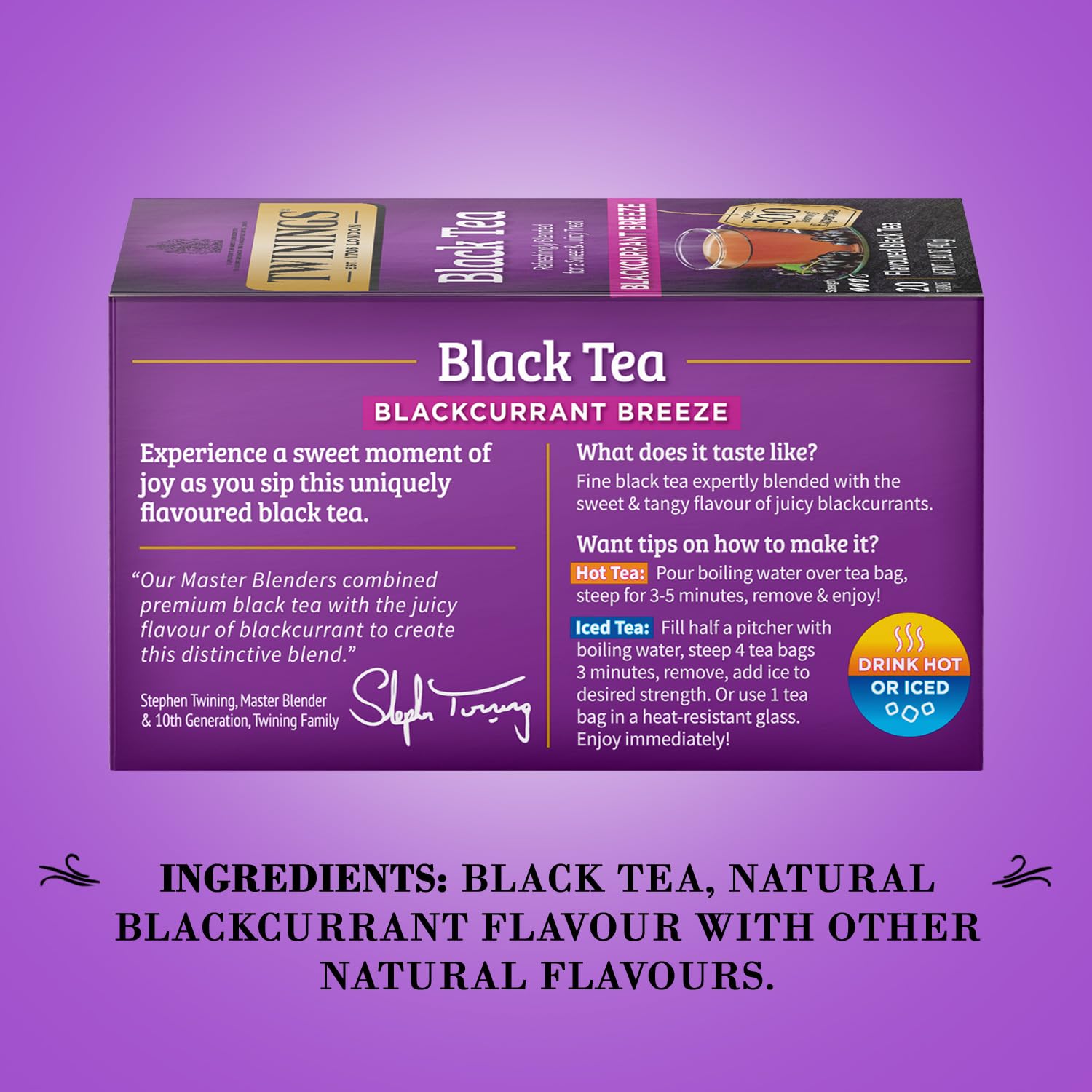 Twinings of London Premium Blackcurrant Breeze Black Tea, Strong and Distinctive Black Tea, Sweet and Tangy Black Currant Tea Taste, 20 Tea Bags