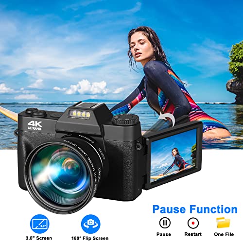 Vlogging Camera, Acoletty 4K 48MP Digital Cameras for Photography, 16X Digital Zoom, 52mm Wide Angle Lens, Macro Lens, 2 Batteries & Charging Stand, 32GB TF Card, 3.0" IPS 30FPS 180°Flip Screen Black