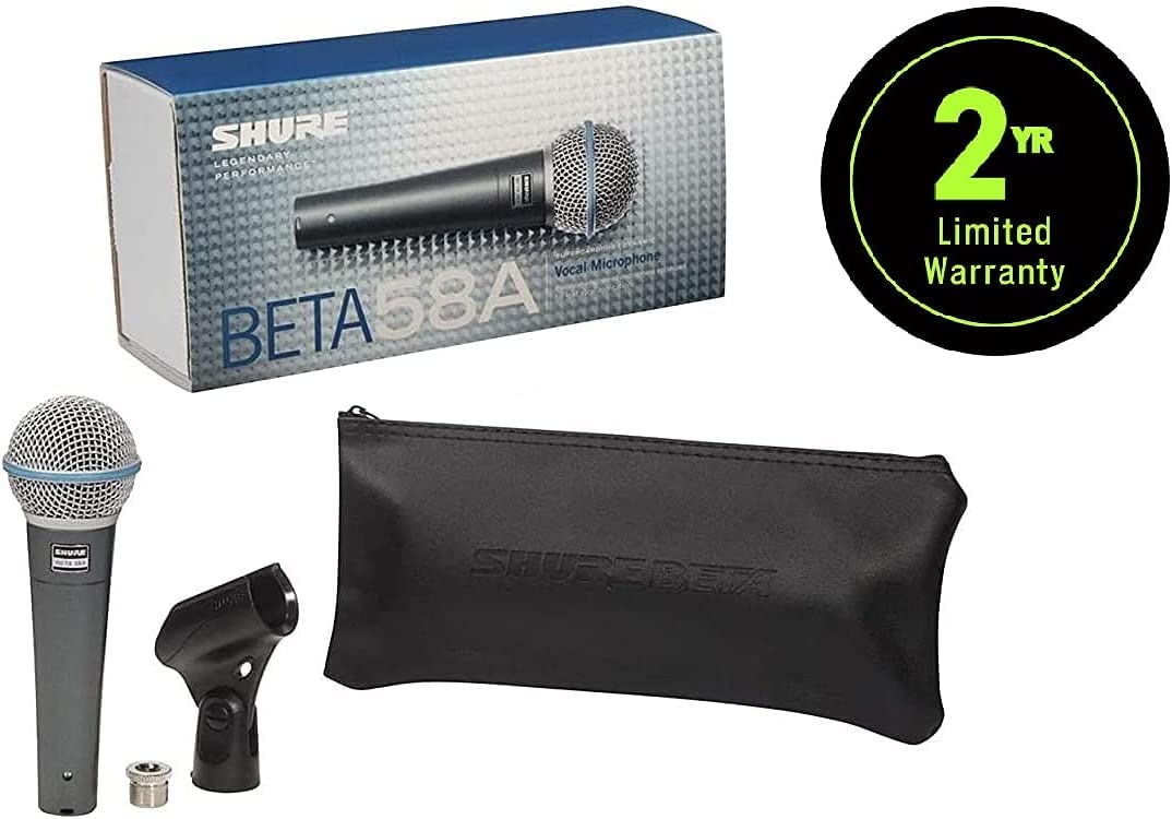 Shure BETA 58A Vocal Microphone - Single Element Supercardioid Dynamic Mic for Stage and Studio, Includes A25D Adjustable Stand Adapter, 5/8β to 3/8β (Euro) Thread Adapter and Storage Bag