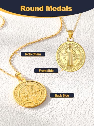 U7 Women Men 18K Gold Plated 925 Sterling Silver 1.5mm Dainty Chain & Coin Saint Benedict Pendant Necklace
