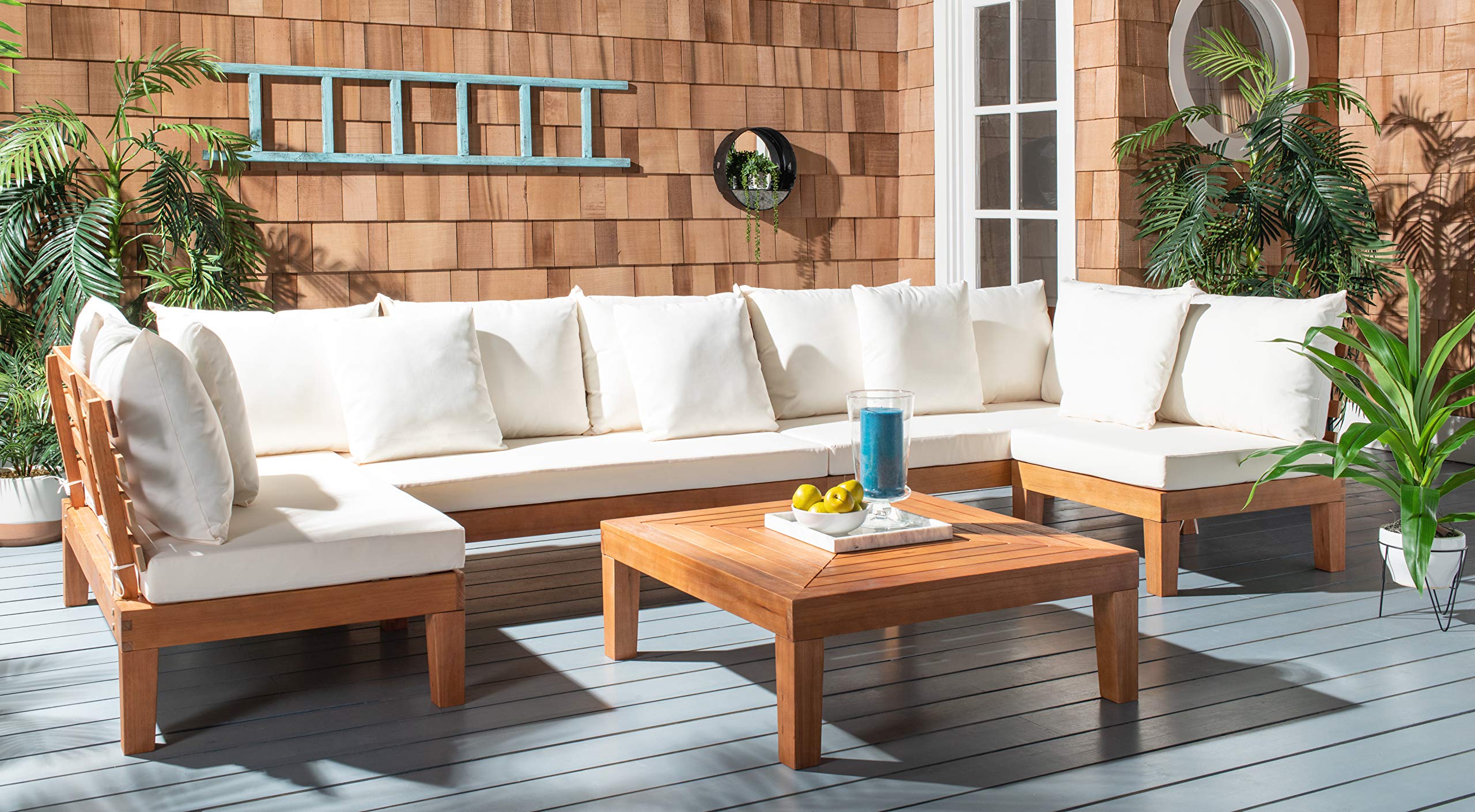 Safavieh PAT7054A-4BX Collection Granton Teak and Beige 5-Piece Outdoor Patio Set