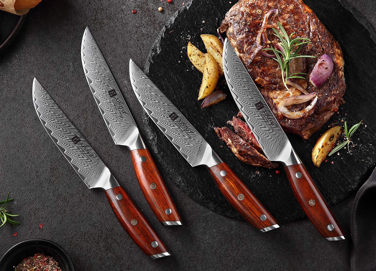 XINZUO Damascus Steel 4Pcs Steak Knife Set, 5 Inch Premium Dinner Knife Set Sharp Kitchen Table Knives -Straight Edge Blade -Triple Rivet -with Gift Box -Ergonomic Rosewood Handle-Yi Series