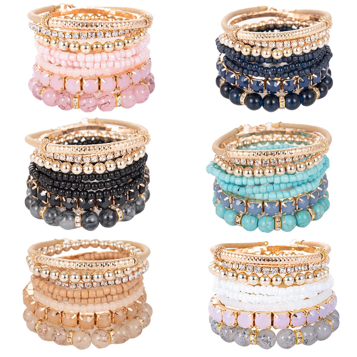 Svovin 1-6 Sets Bohemian Stackable Bead Bracelets for Women Multicolor Stretch Beaded Bracelets Layered Bead Adjustable Bracelet Pink Black Turquoise Stretch Bracelets