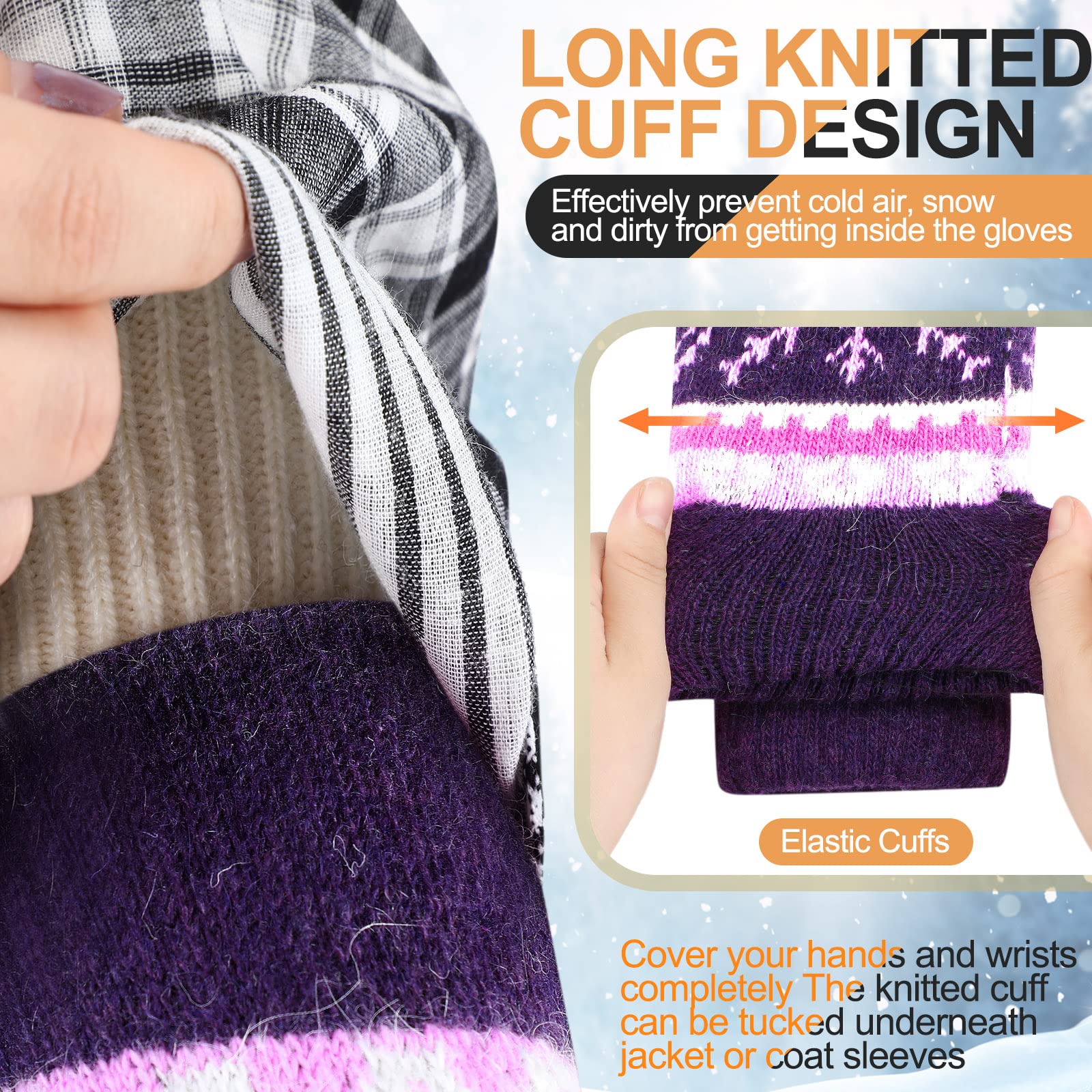 Vicenpal 3 Pairs Women's Winter Gloves Warm Lining Mittens Knit Thick Wool Gloves Knit Mittens for Winter Cold Weather (Purple, Gray, Black)