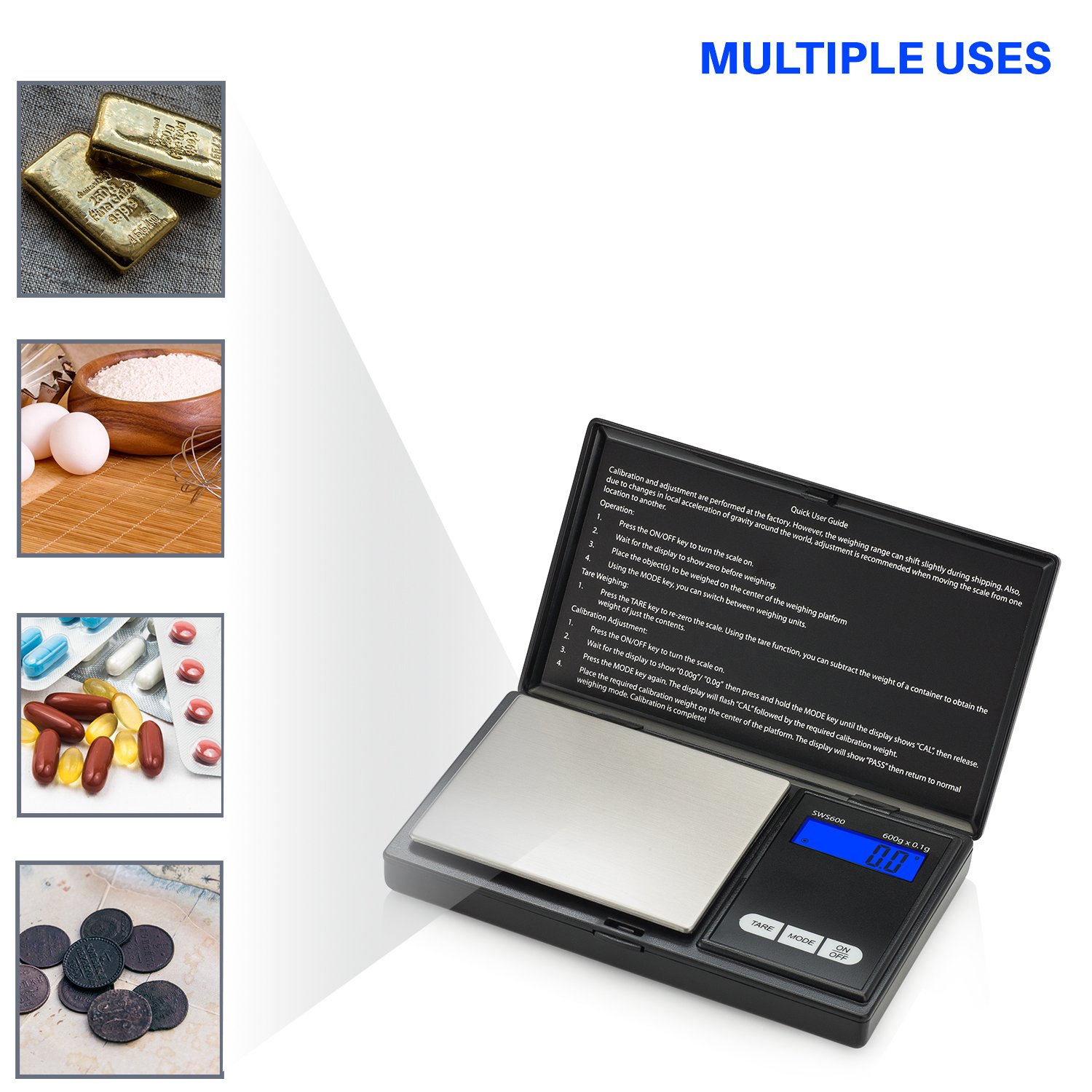 Smart Weigh Digital Pocket Gram Scale, 600g x 0.1g Digital Gram Scale, Jewelry Scale, Food Scale, Medicine Scale, Kitchen Scale Black, Battery Included