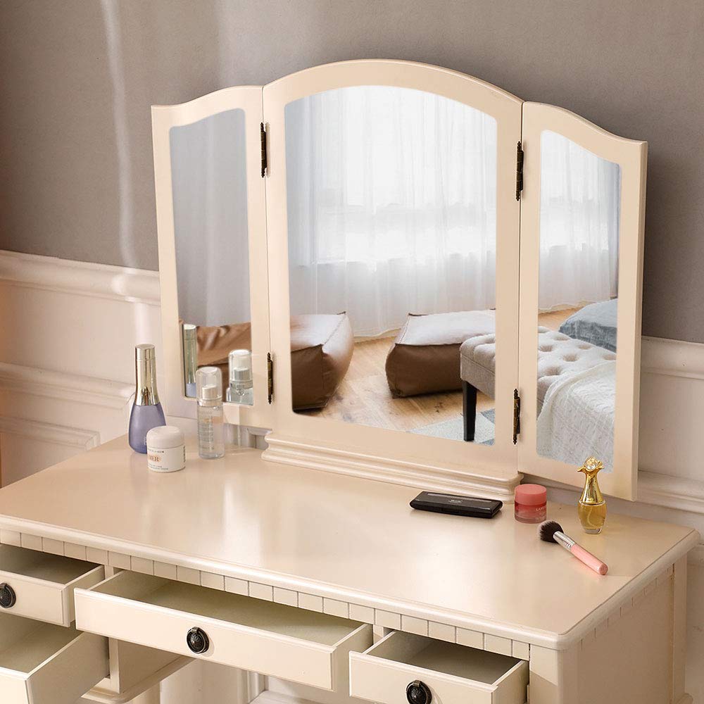 SSLine Vanity Wooden Makeup Table and Chair Set Bedroom Cosmetic Dressing Table Tri-Folding Mirror 5-Drawer Vanity Desk Cushioned Stool Adult Size - Light Pink