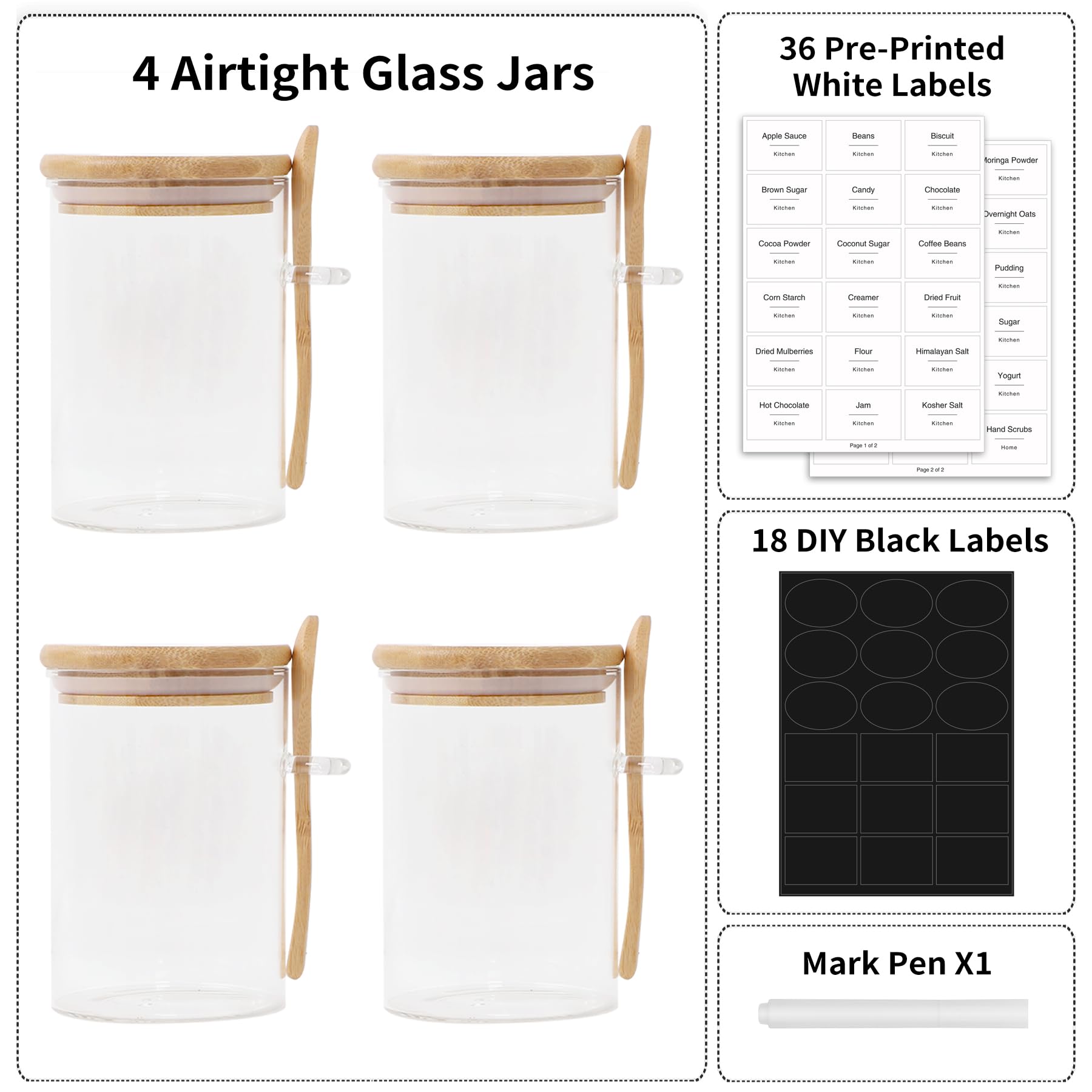 Sugar Jar Bath Salt Container β 17 oz Glass Jar with Bamboo Lid and Spoon, Sugar Cube Holder and Canister for Countertop, Glass Containers for Coffee Beans, Tea and Overnight Oats (4 Pack)